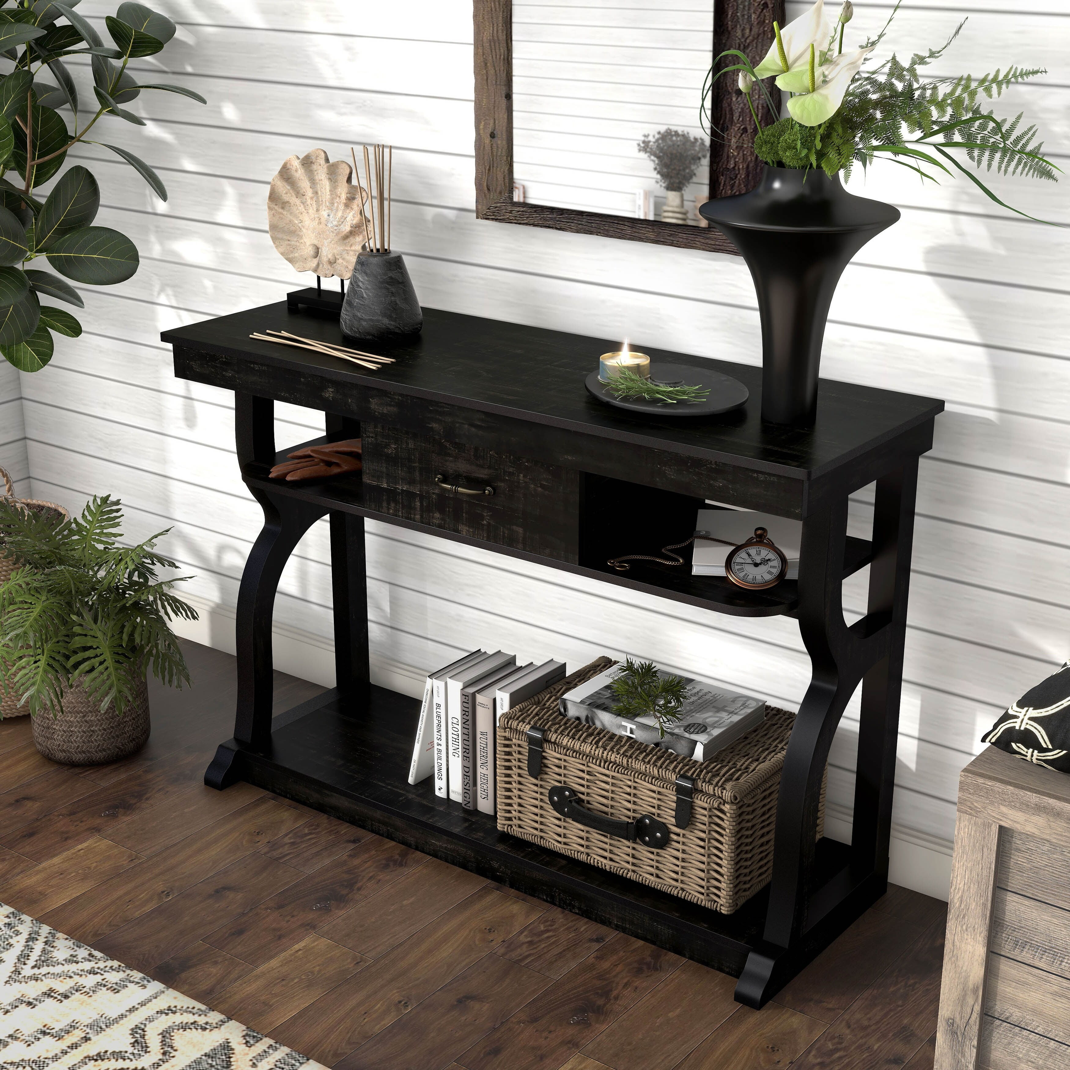 Denhour DH BASIC Farmhouse Black Oak 47-inch 3-Open Shelf Console Table ...