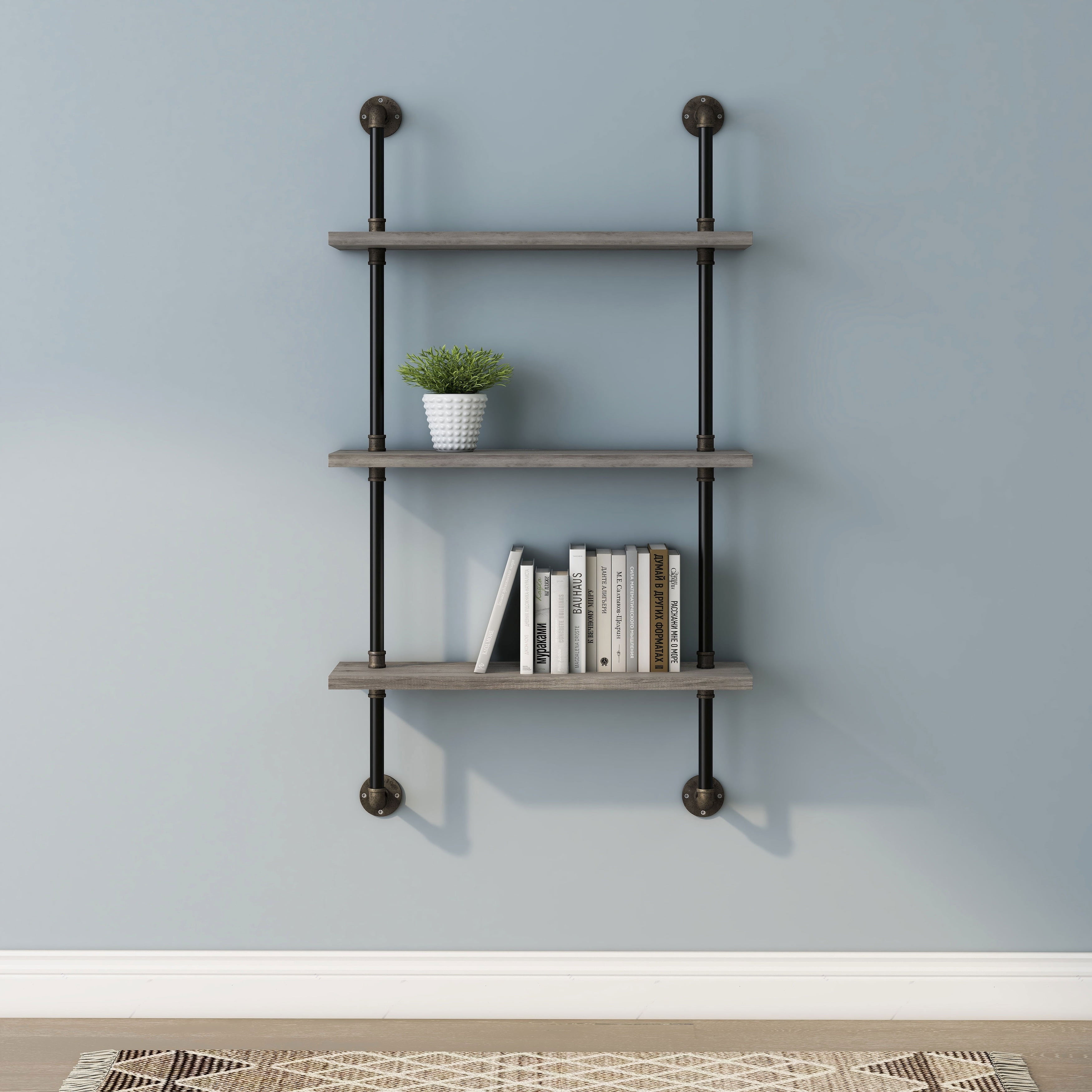 Denhour DH BASIC Industrial Vintage Grey 32-Inch Metal 2-Tier Wall ...