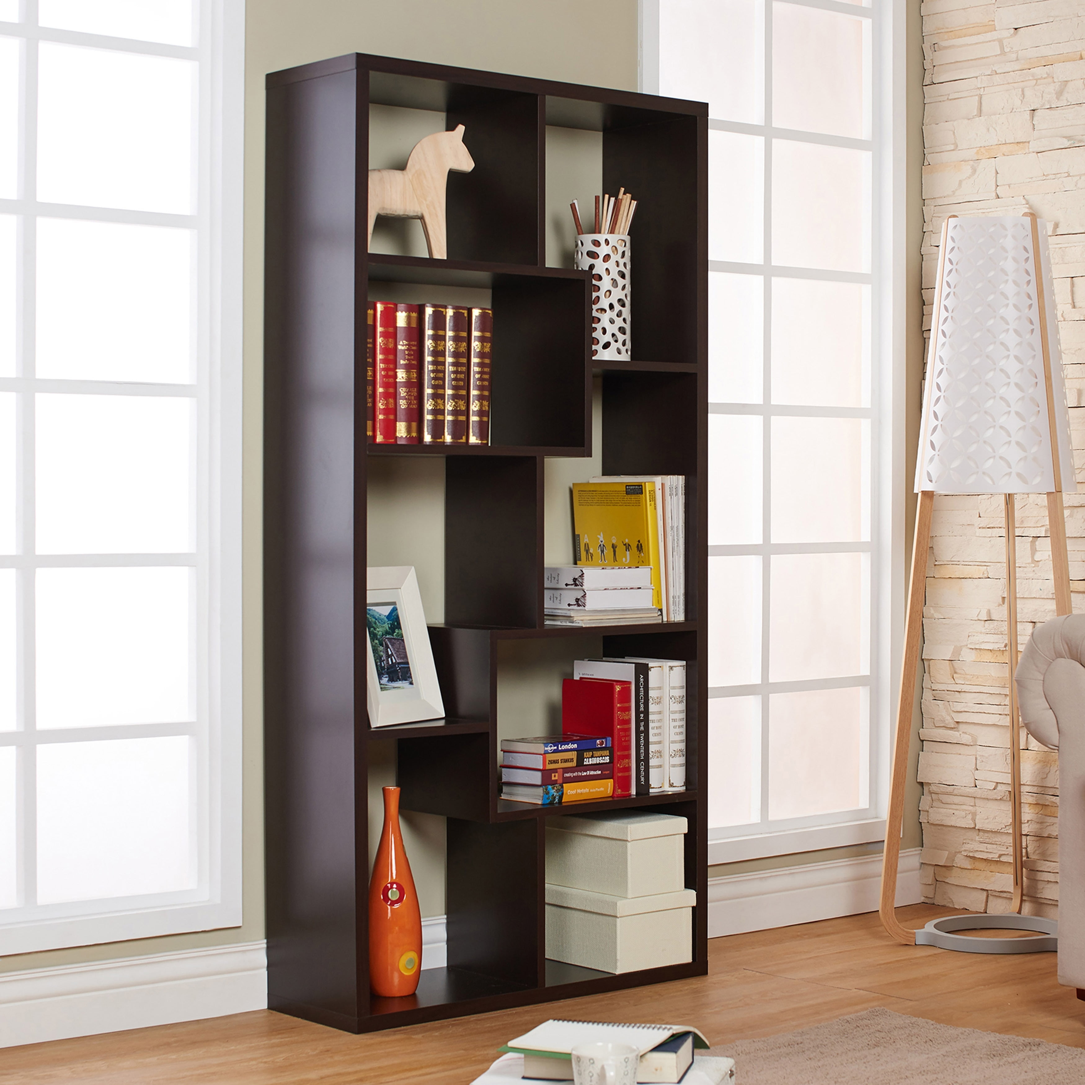 Denhour DH BASIC Modern Geometric 8-Shelf Open-Back Bookcase by Walnut ...