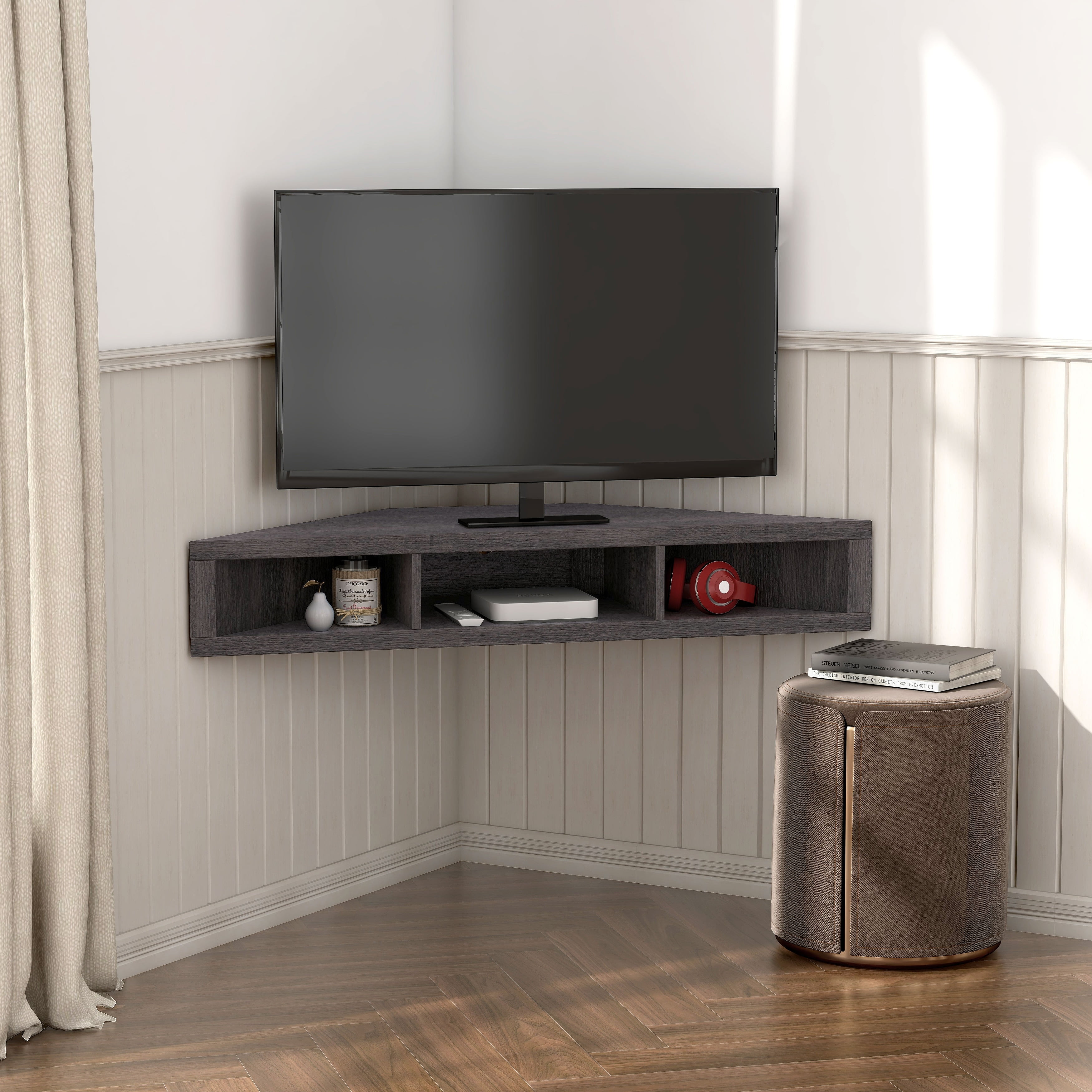 Denhour DH BASIC Transitional 46 inch 3 Shelf Corner Floating TV Stand by Distressed Grey Distressed Weathered