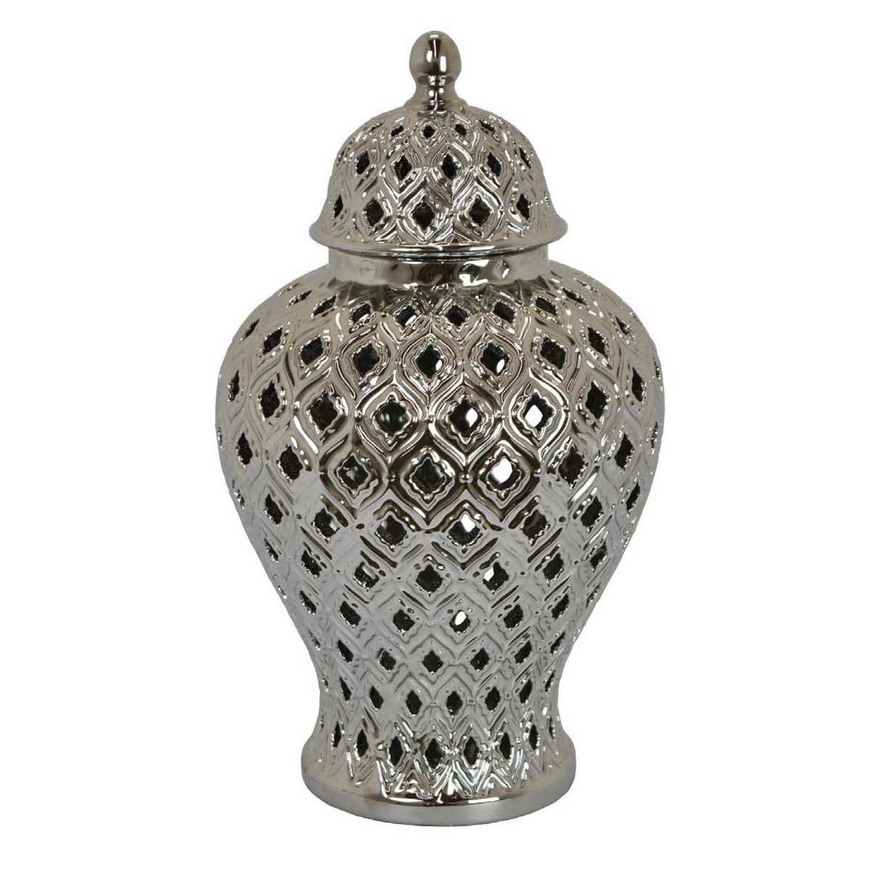Deni 18 Inch Temple Jar Pierced Carved Lattice Design Lid Silver ...