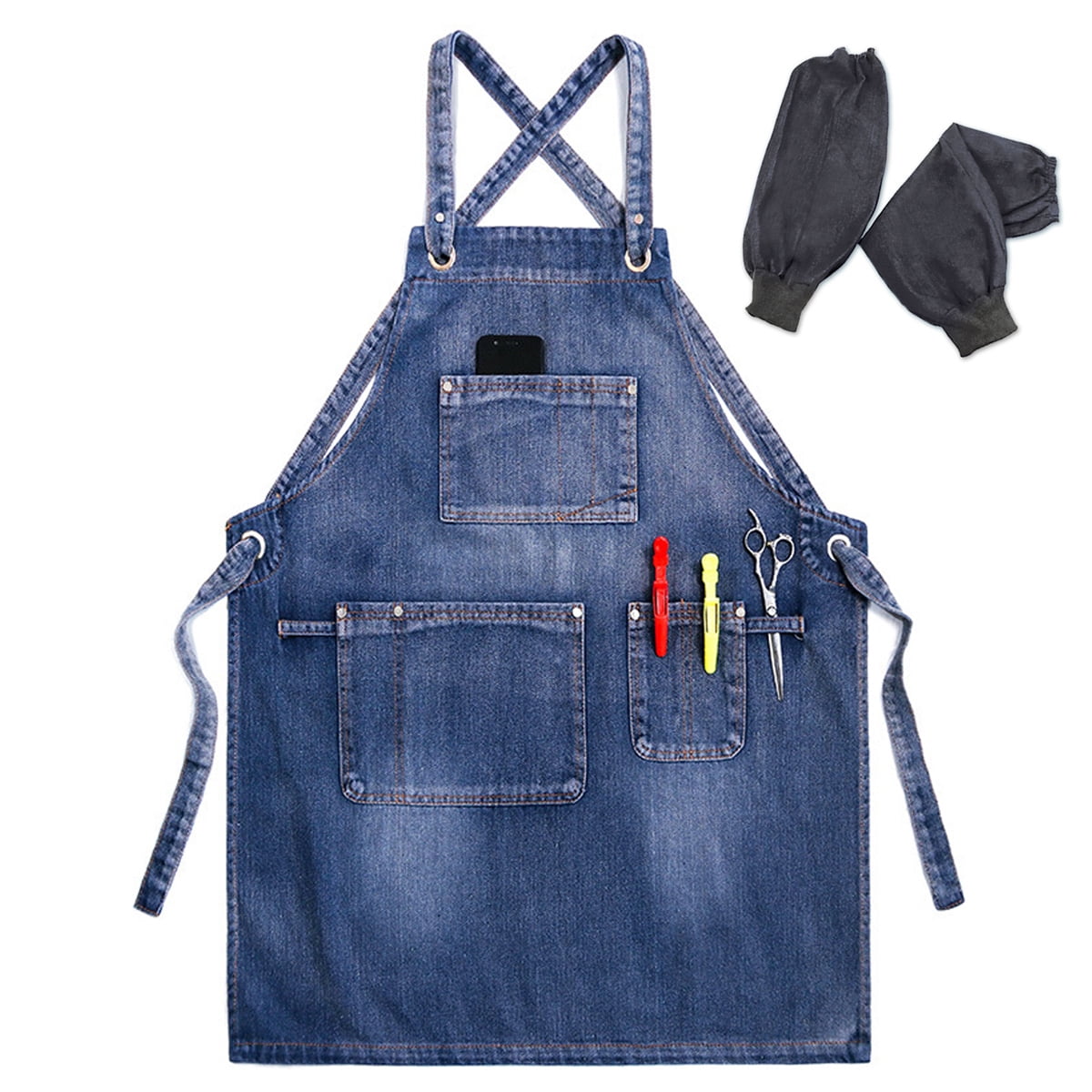 Denim Apron Cross Back Apron With Pockets for Women and Men - Washing ...