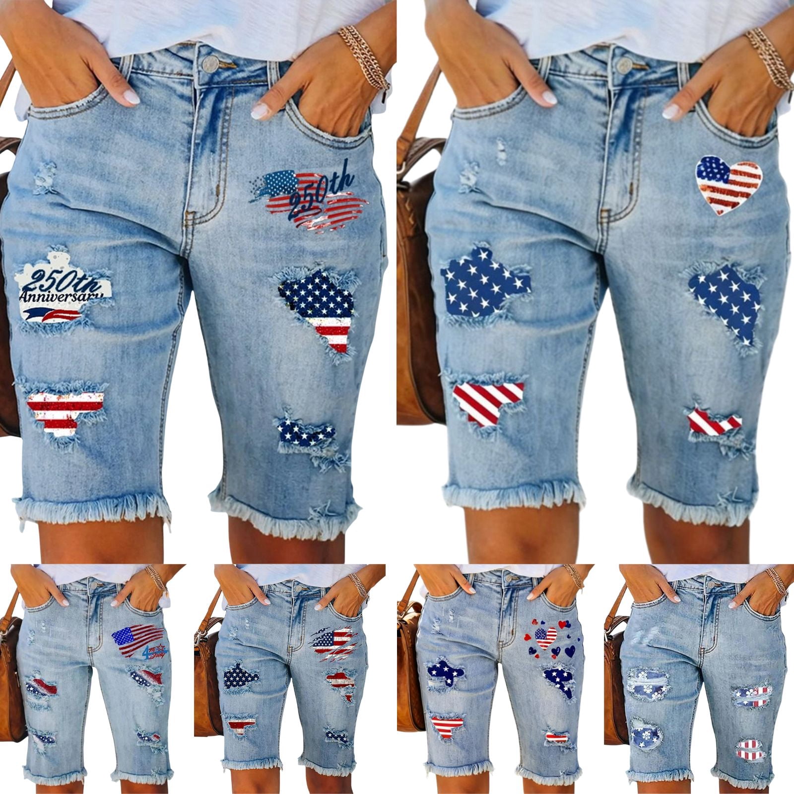Denim Bermuda Shorts for Women Mid Waisted Tassel Hem Ripped Jean ...