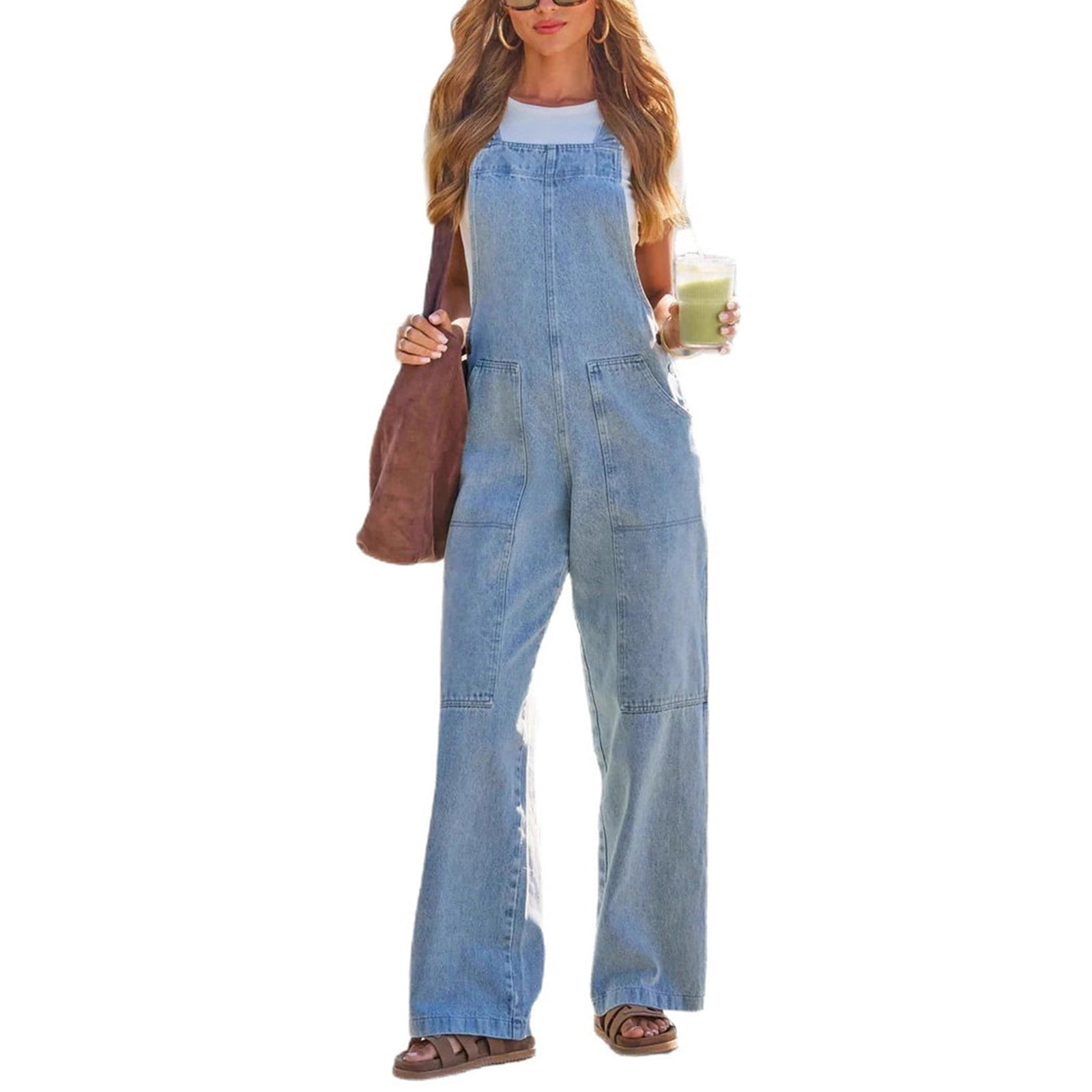 Denim Bib Overalls For Women Wide Leg Adjustable Strap Jumpsuit Summer ...