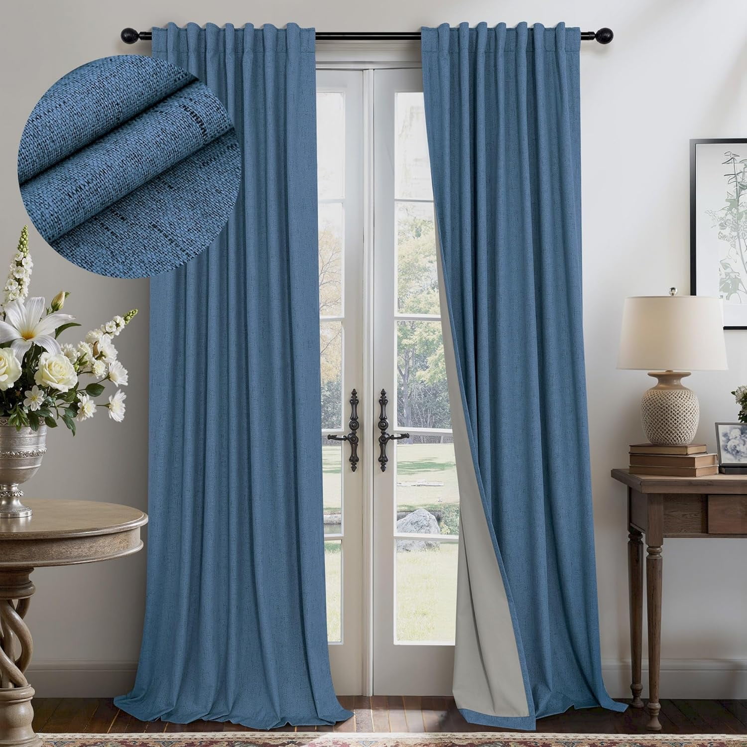 Denim Blue Blackout Curtains & Drapes 84 Inch Length 2 Panels Set Faux ...