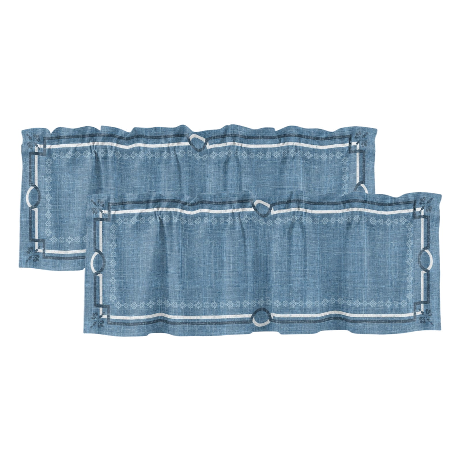 Denim Blue Farmhouse 2 Panels Kitchen Valance, Linen Texture Geometric ...