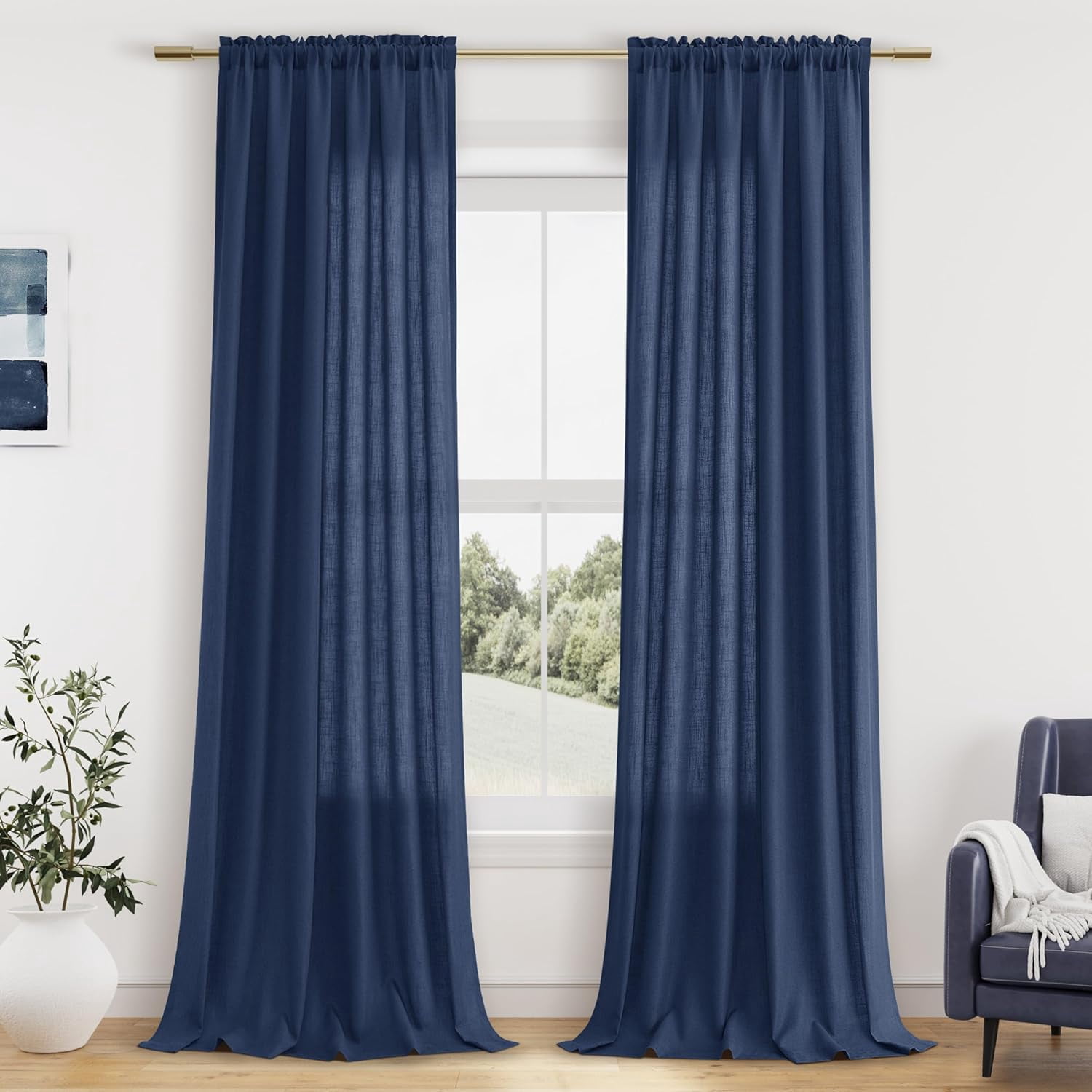 Denim Blue Linen Curtains 108 Inches Long, 2 Panel Set, Rod Pocket Semi ...