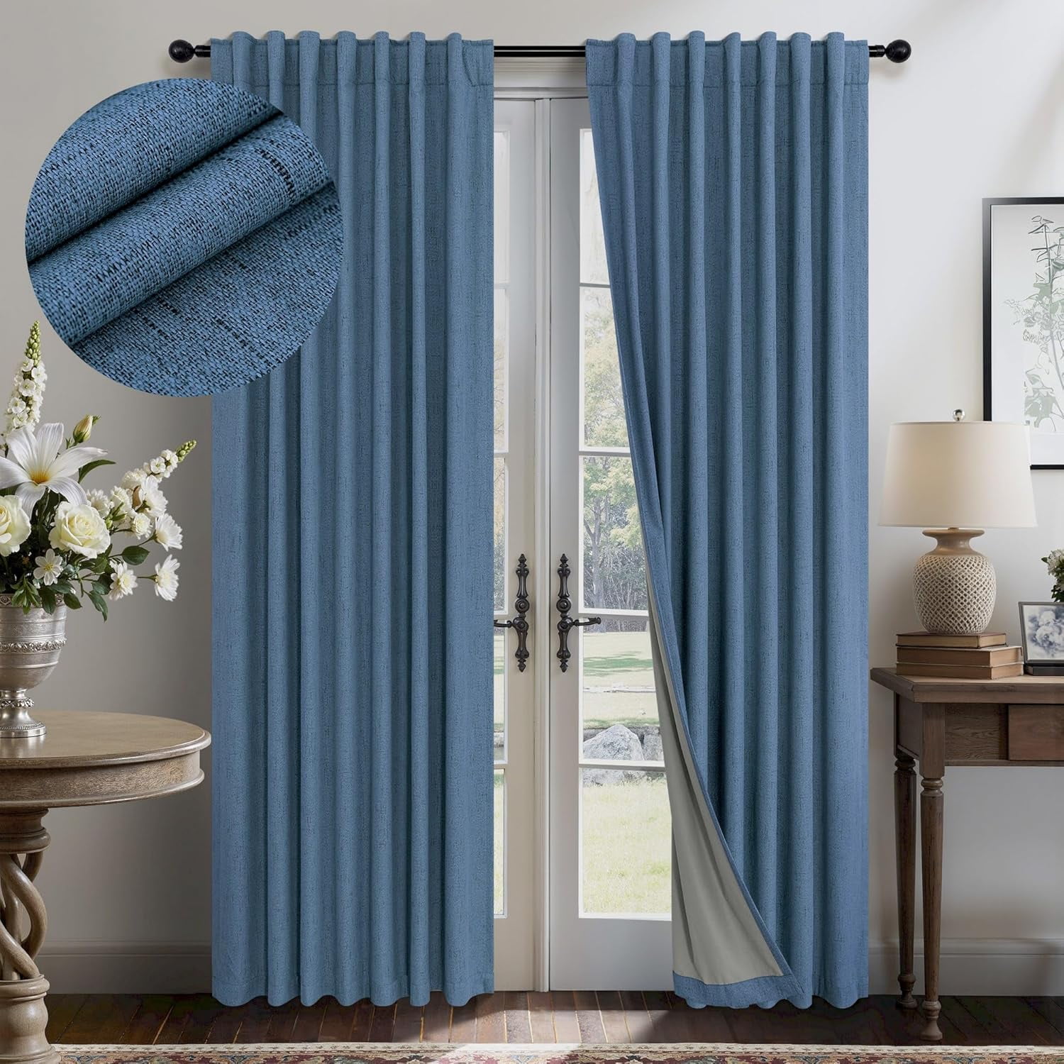Denim Blue Living Room Black Out Curtains 63 Inch Long Insulated ...