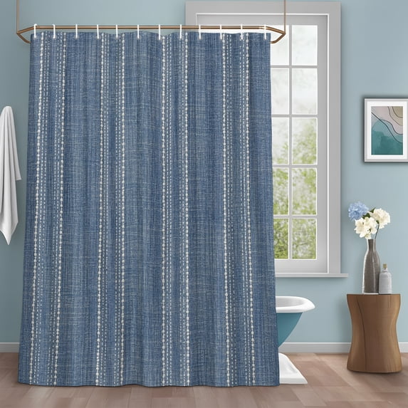 Denim Blue Striped Shower Curtain with Hooks, Coastal Grandma Farmhouse ...