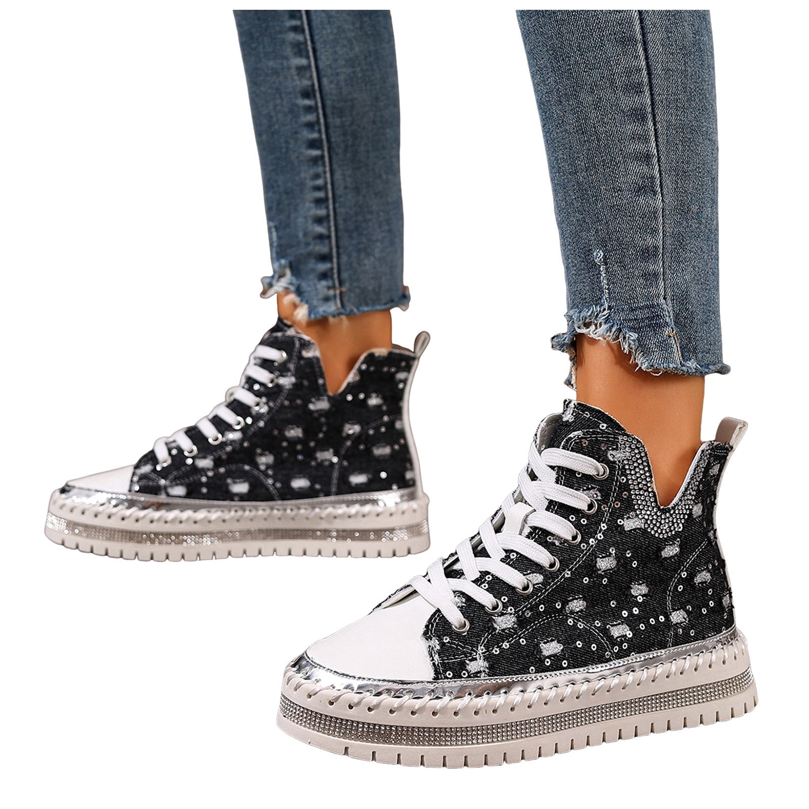 Denim Canvas Shoes for Women Platform Glitter Rhinestone Lace up High ...