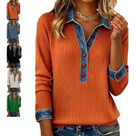 Denim Collar Sweater,V Neck Retro Sweatshirt,Denim Trimmed Sweater ...