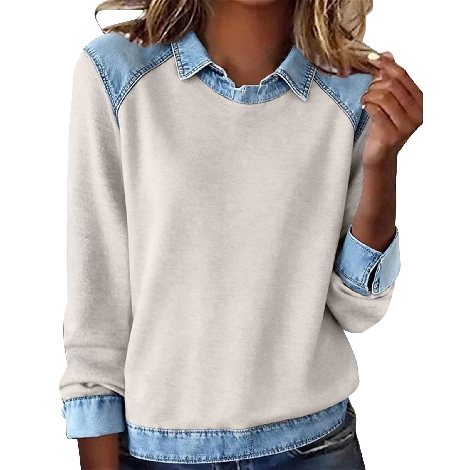 Denim Collared SweaterWestern Shirts For Women Denim Polo Pullover Tops ...