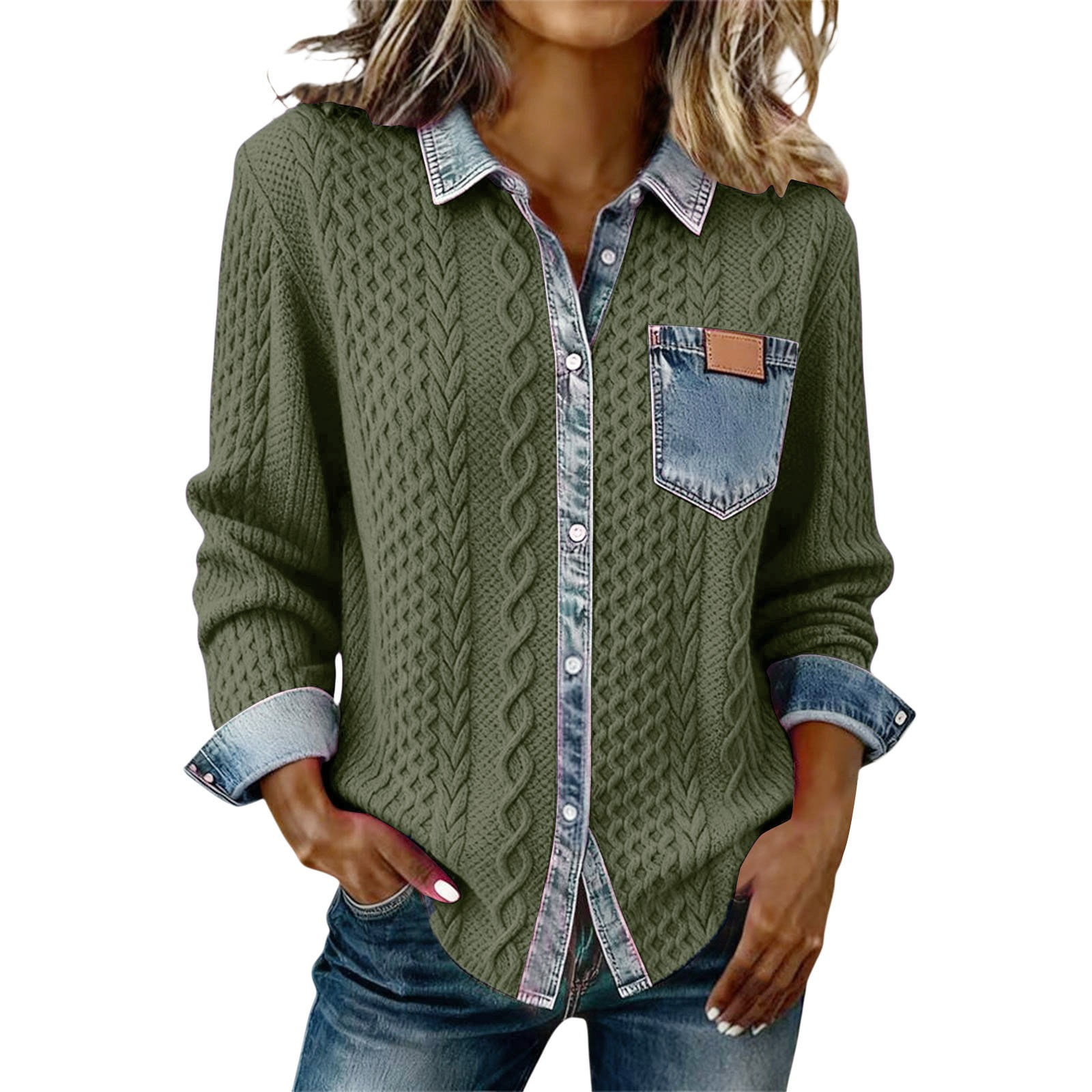 Denim Collared Sweaters for Women Vintage Denim Patchwork Pullover ...