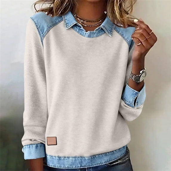Denim Collared Sweatshirt Casual Office Outfits Denim Patchwork Tops ...