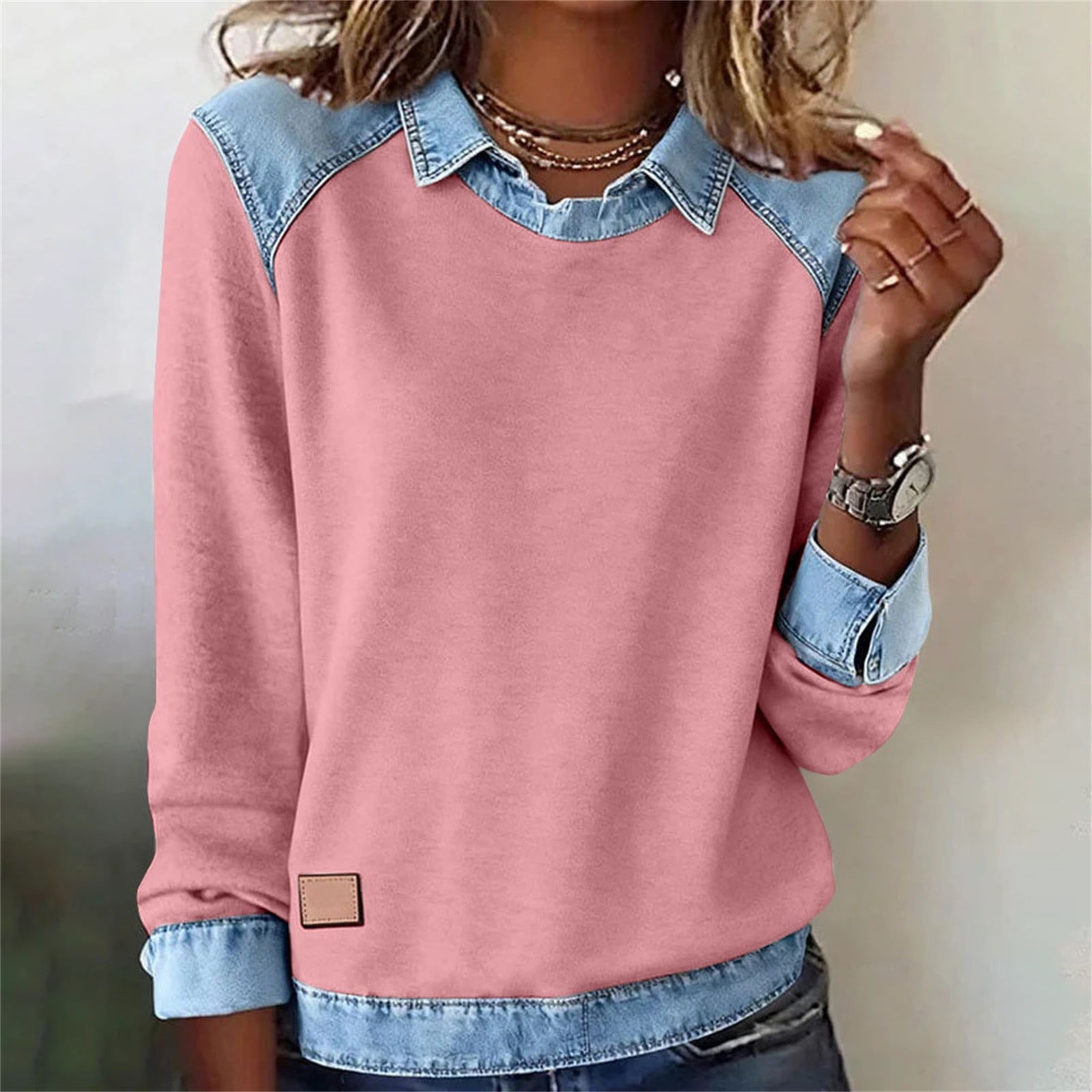 Denim Collared Sweatshirt Denim Sweatshirt Color Block Shirts Lapel ...