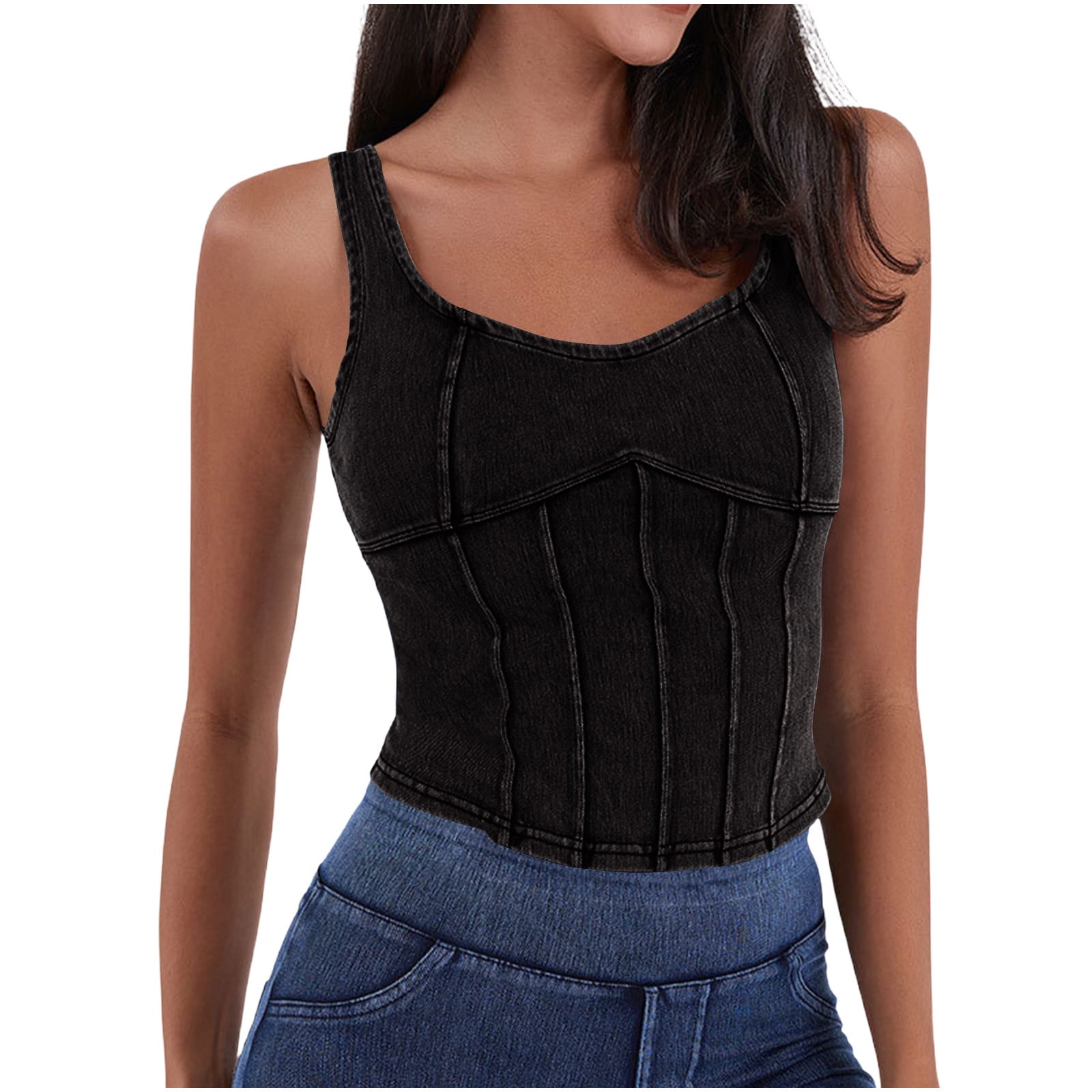 Denim Corset Top for Women Scoop Neck Jean Crop Tank Tops Sleeveless ...