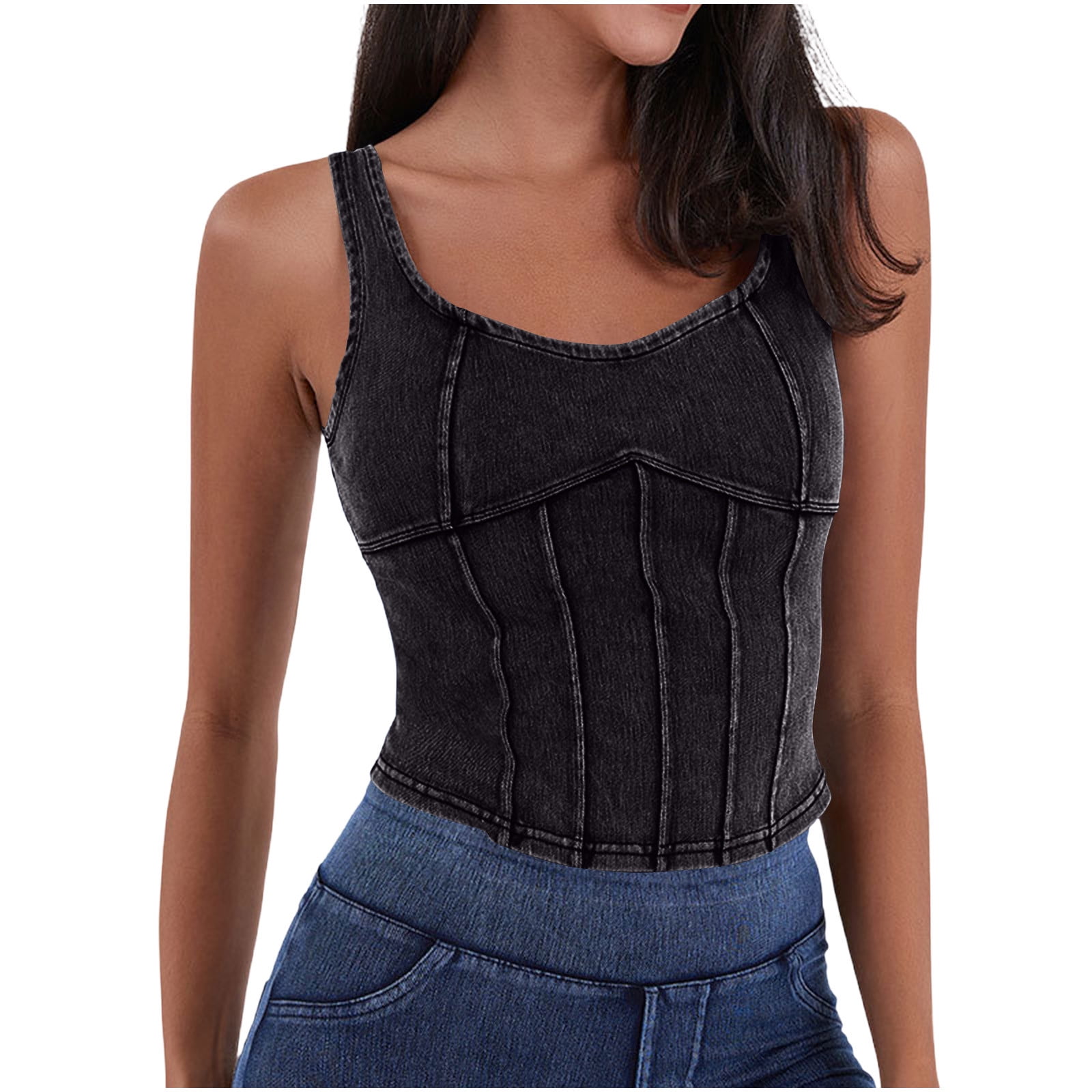 Denim Corset Top for Women Scoop Neck Jean Crop Tank Tops Sleeveless ...