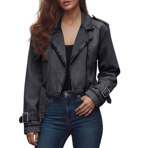 Denim Cropped Buckle Trench Coats For Women Vintage Long Sleeve Lapel ...