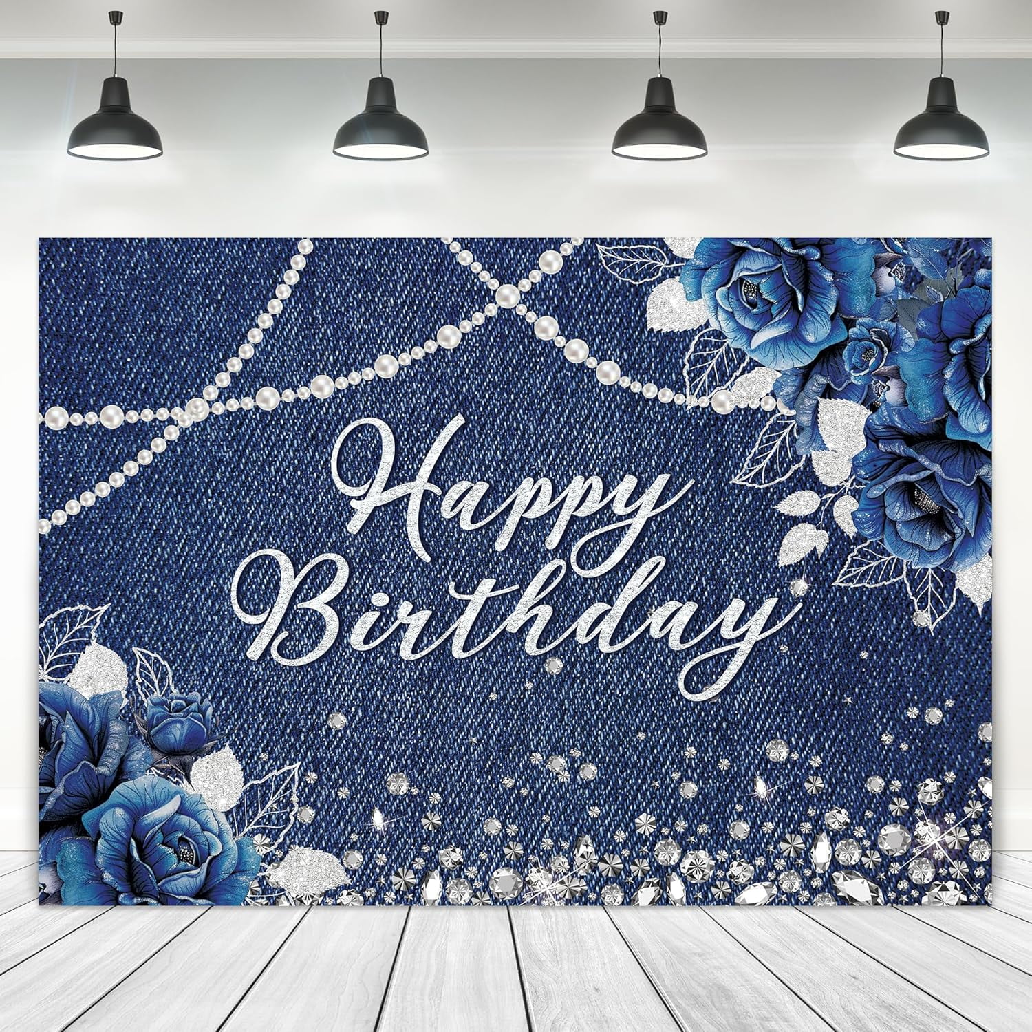 Denim Diamonds Birthday Backdrop Polyester Navy Blue Silver Floral Rose ...