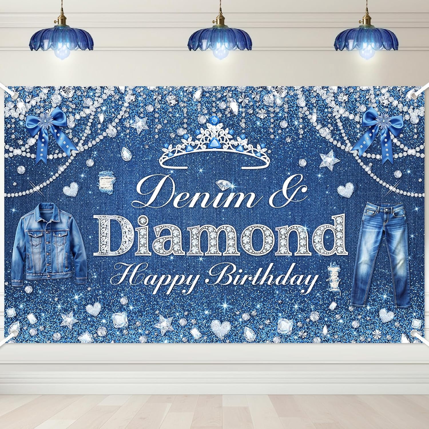 Denim and Diamonds Birthday Backdrop for Women Navy Blue Diamond Happy ...