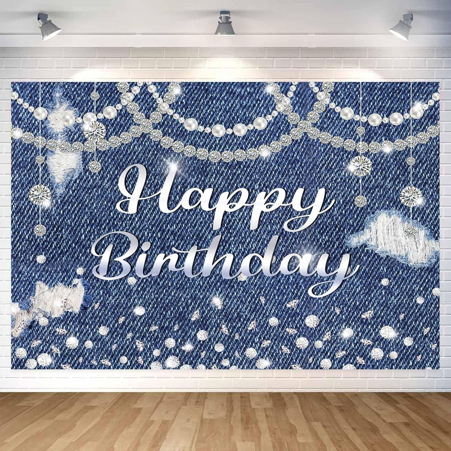 Denim Diamonds Party Backdrop Navy Blue and Silver Happy Birthday ...