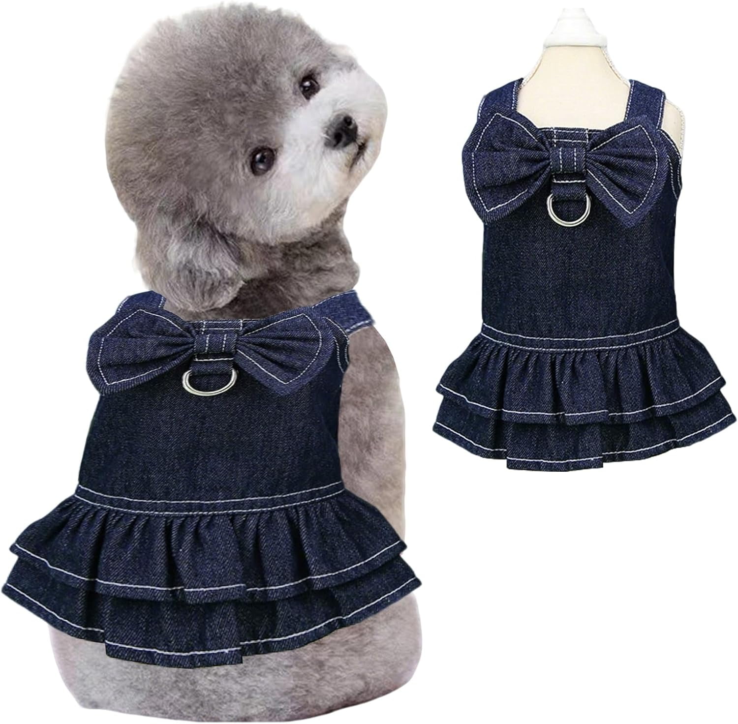 Denim Dog Dresses for Small Dogs Girl with D-Ring and Bow Decor Velcro ...