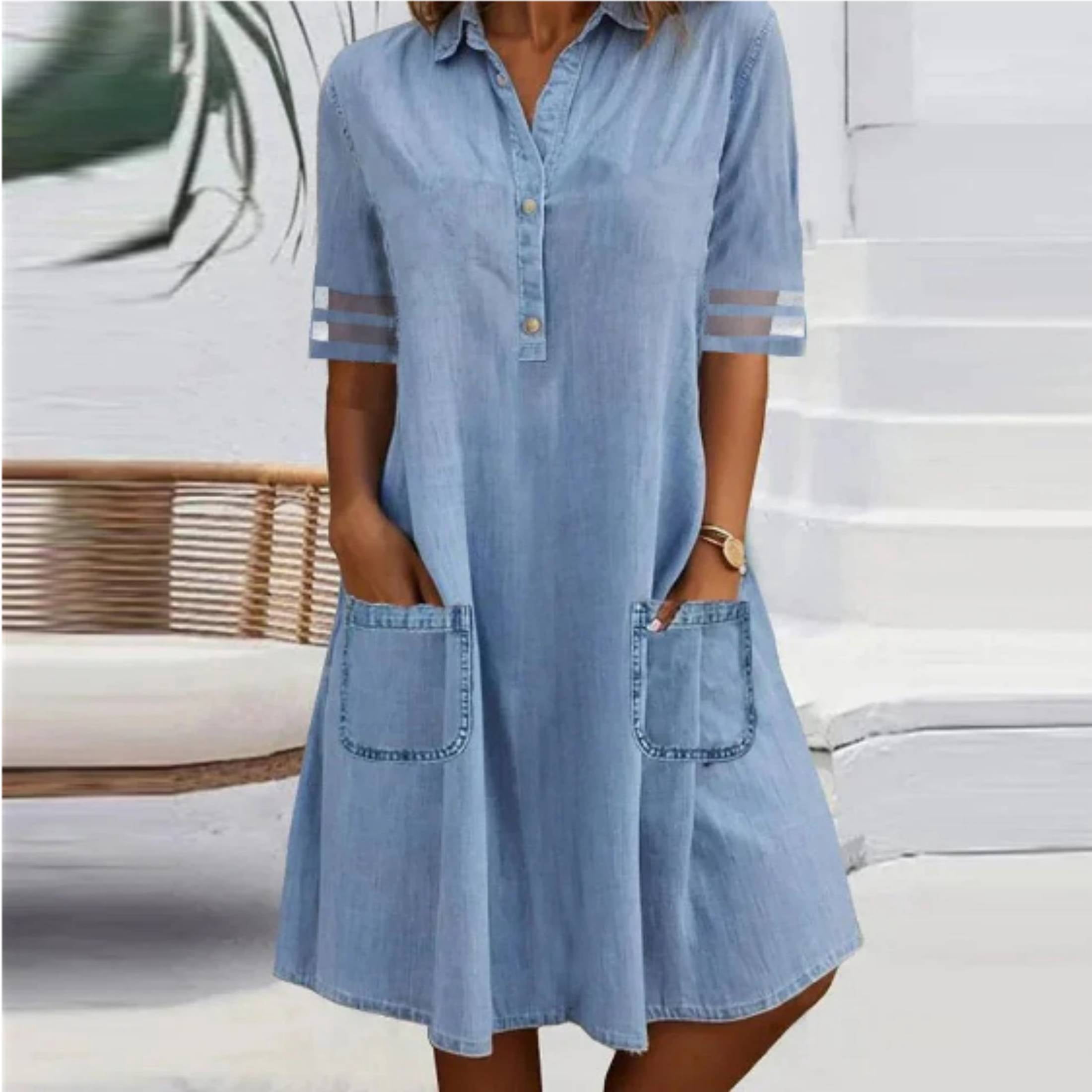 Denim Dress for Women 2026 Casual Tulle Short Sleeve Button Jean Midi ...