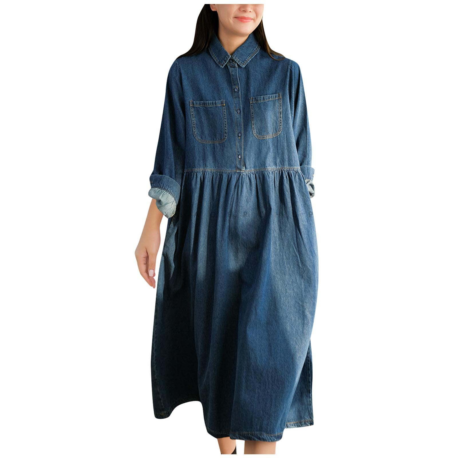 Denim Dress for Women Long Sleeved Loose Casual Outer Mid Length Denim ...
