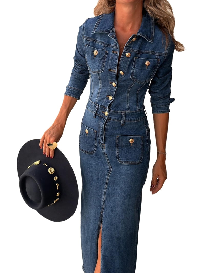Denim Dress for Women Trendy Long Sleeve Button Down Denim Maxi Dress ...