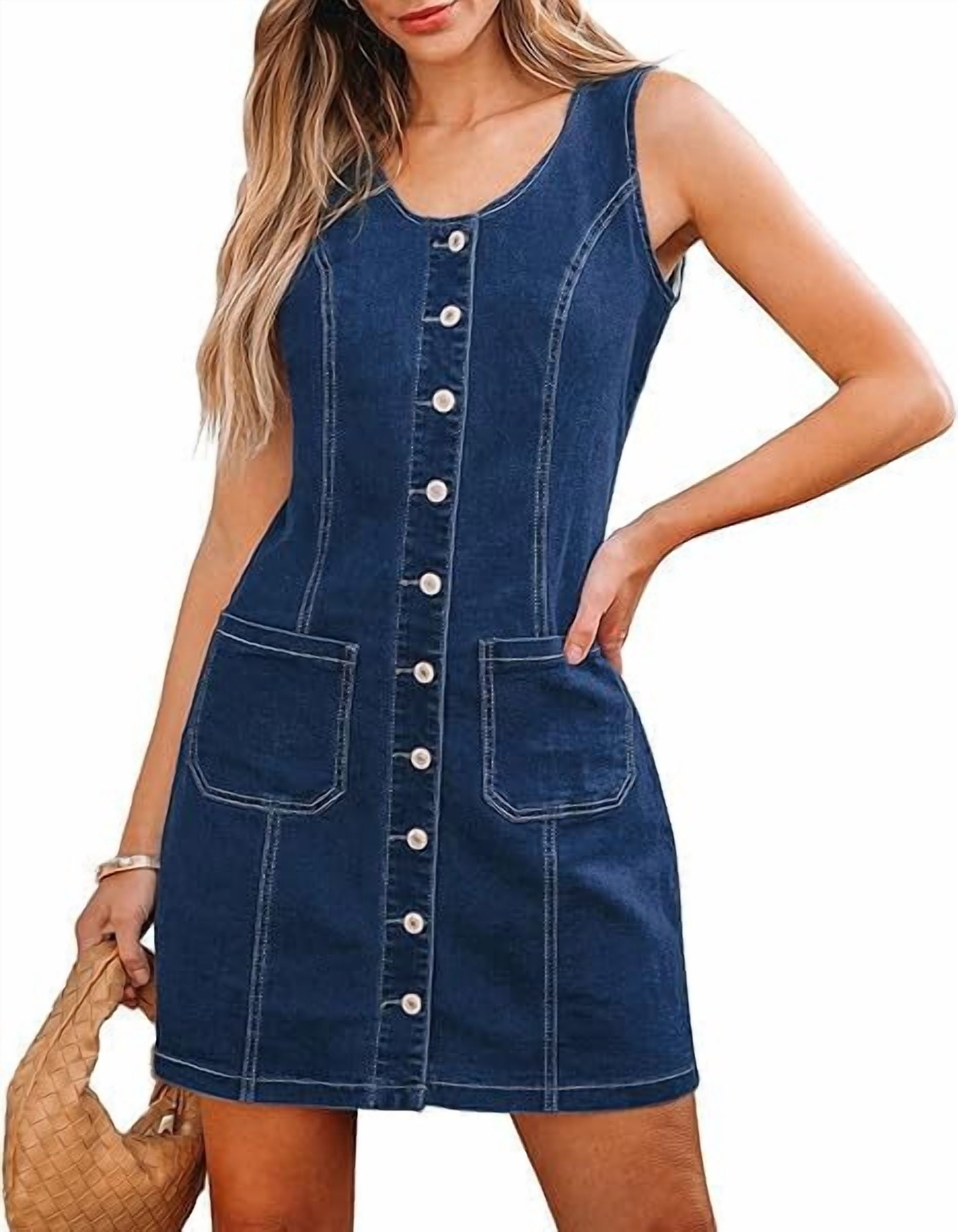 Denim Dresses for Women Sleeveless Stretchy Casual Jean Dress V Neck ...