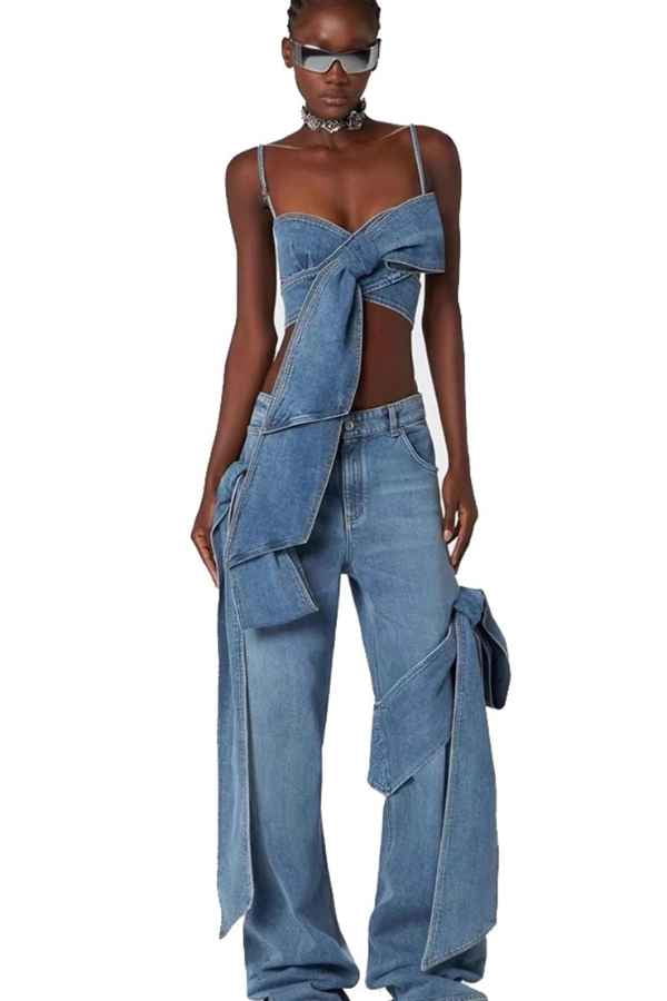Denim Fashion Knot Detail Crop Top Two Piece Jeans Set (L, DenimBlue ...