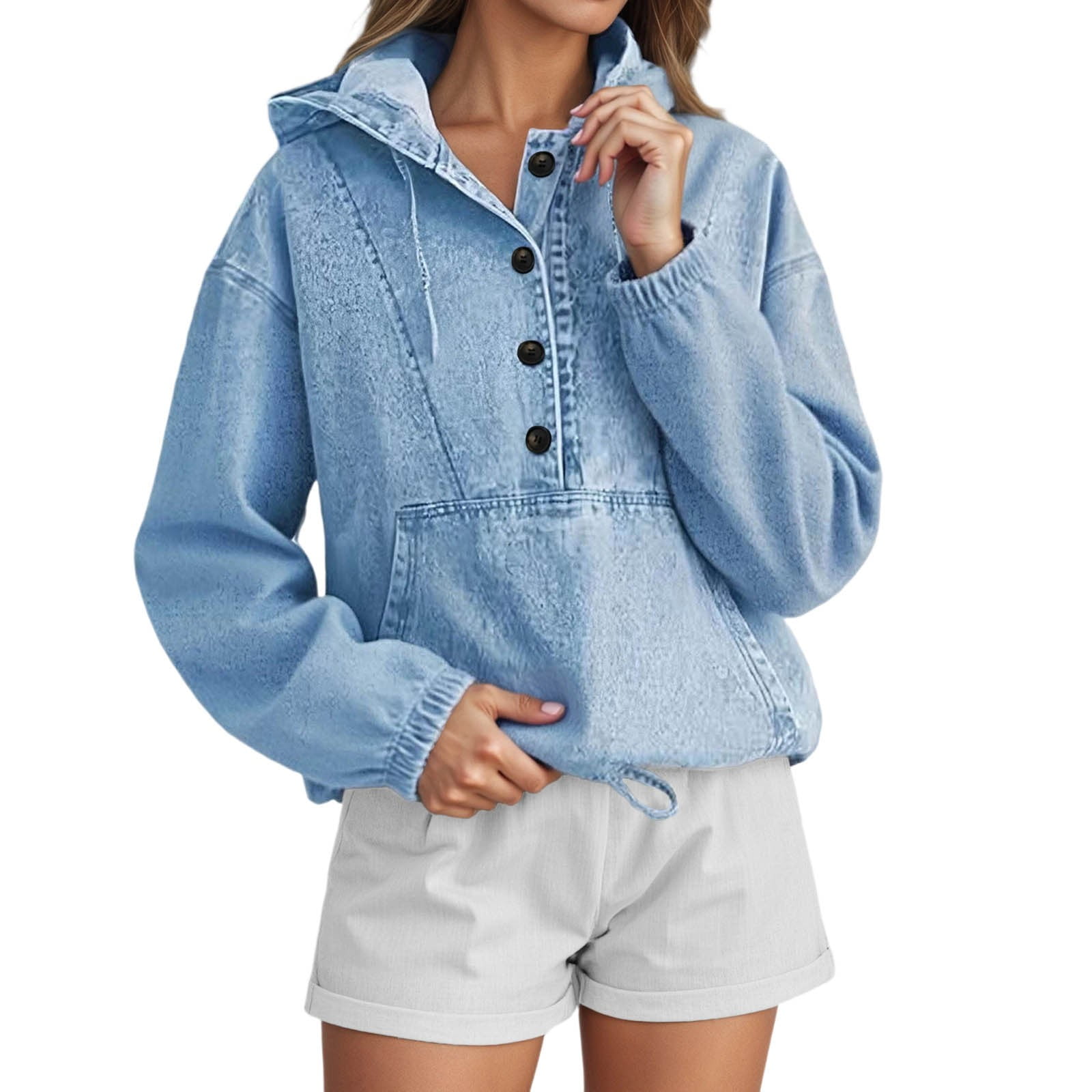 Denim Hooded Button Down Jacket Casual Pullover Sweatshirt Top With ...