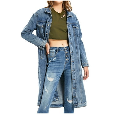 SEARIPE Women's Casual Denim Jacket Frayed Hem Ripped Long Sleeve Jean ...