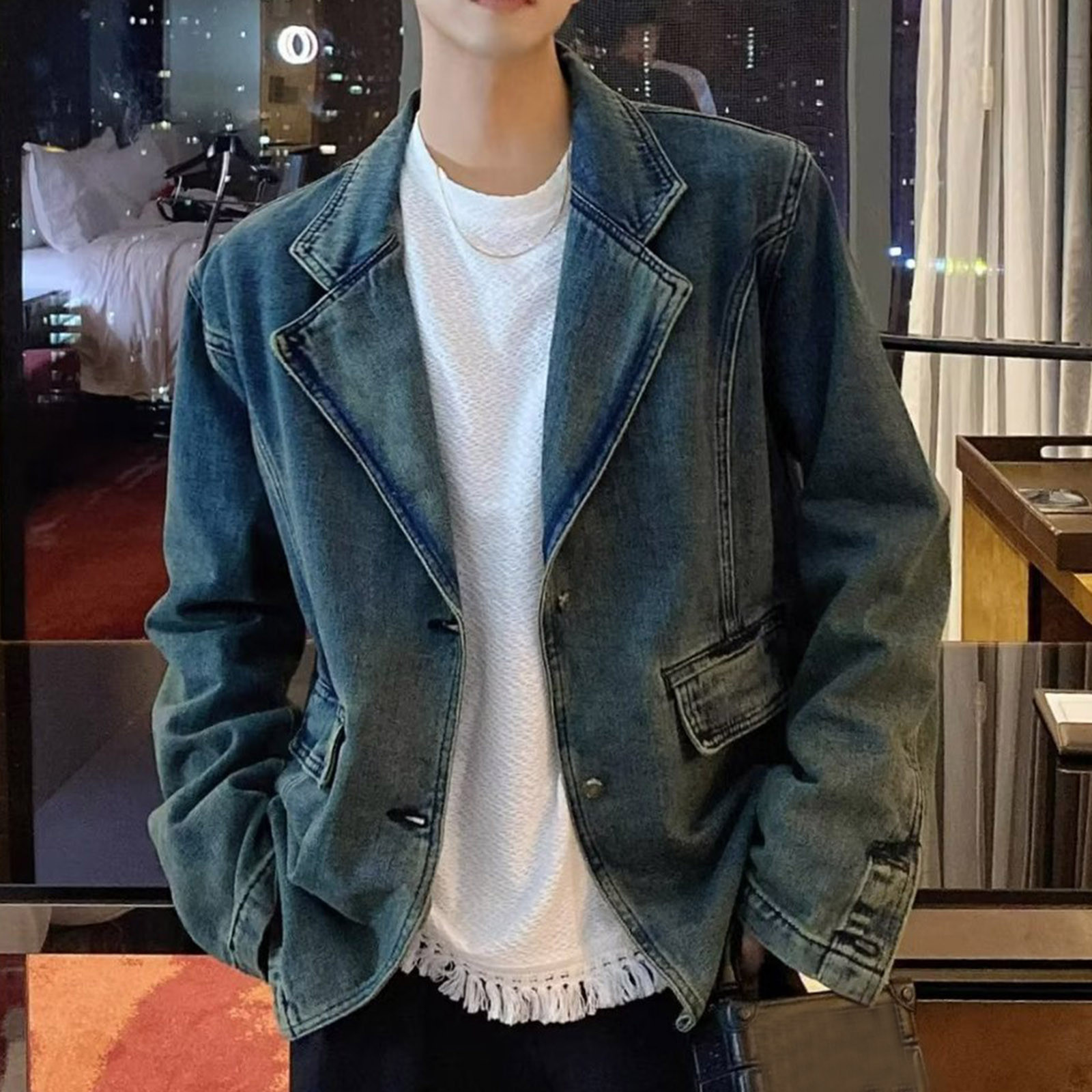 Denim Jacket for Men Long Sleeve Blazers Stretch Solid Color Button ...