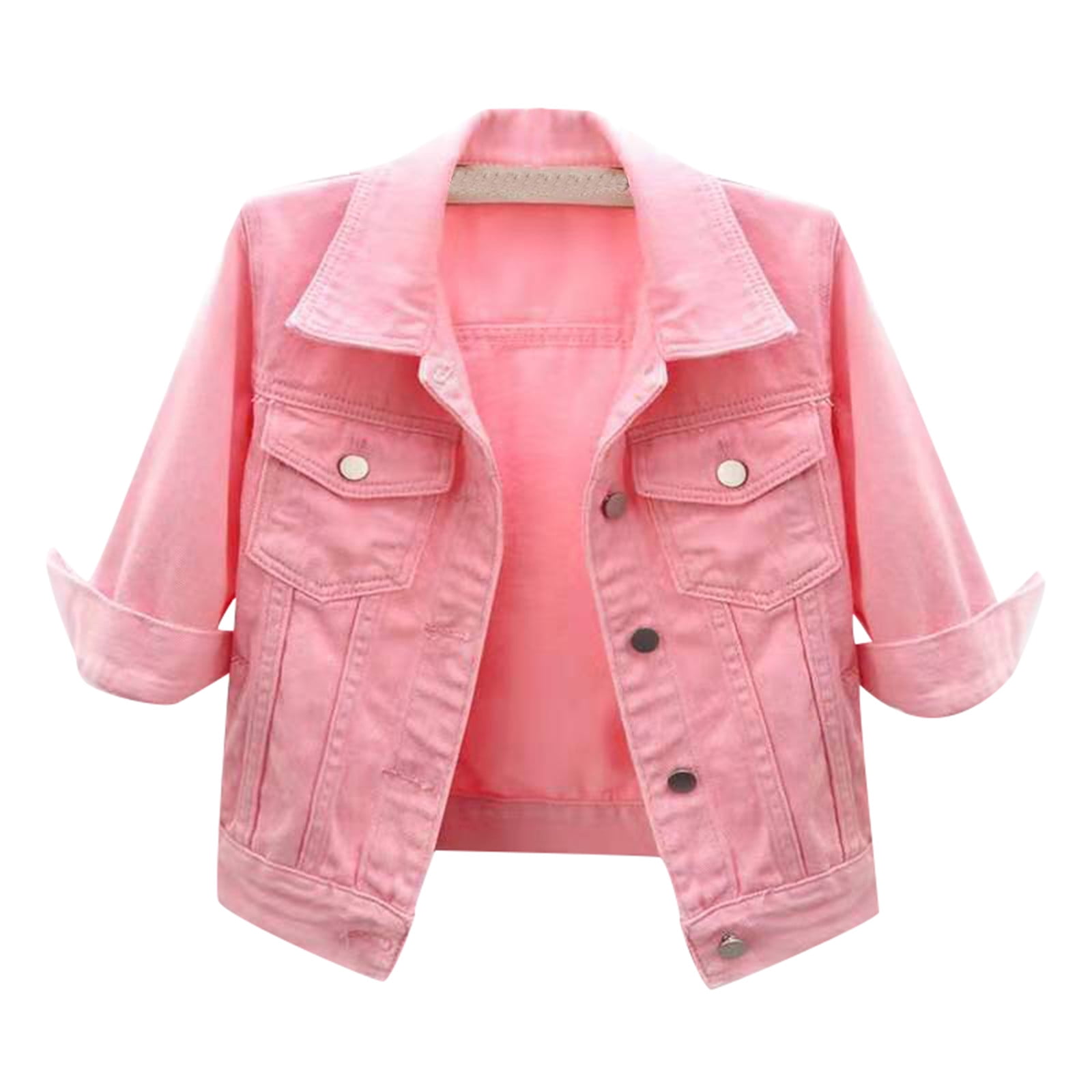 Denim Jacket for Women Button Down 3/4 Short Sleeve Cropped Jean ...