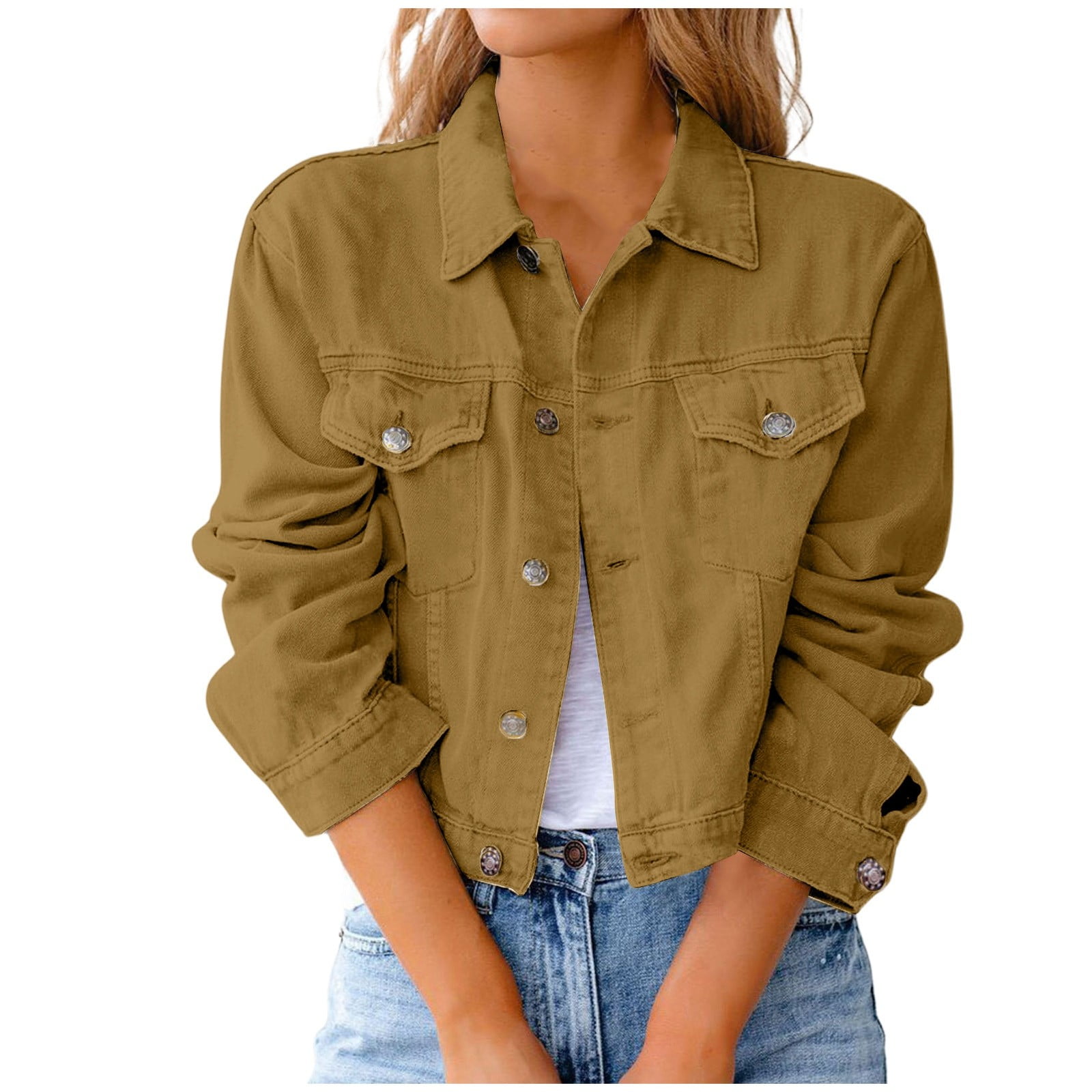 Denim Jacket for Women Button-Down Collar Long Sleeve Denim Coat ...