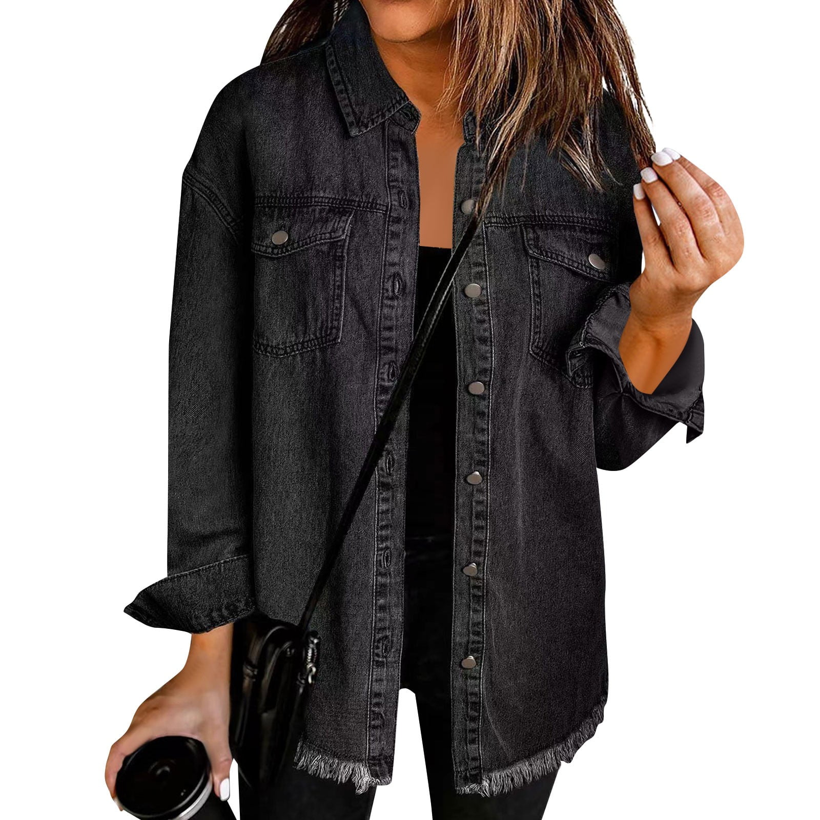Denim Jacket for Women Oversized Boyfriend Jean Jacket Button Up Frayed ...