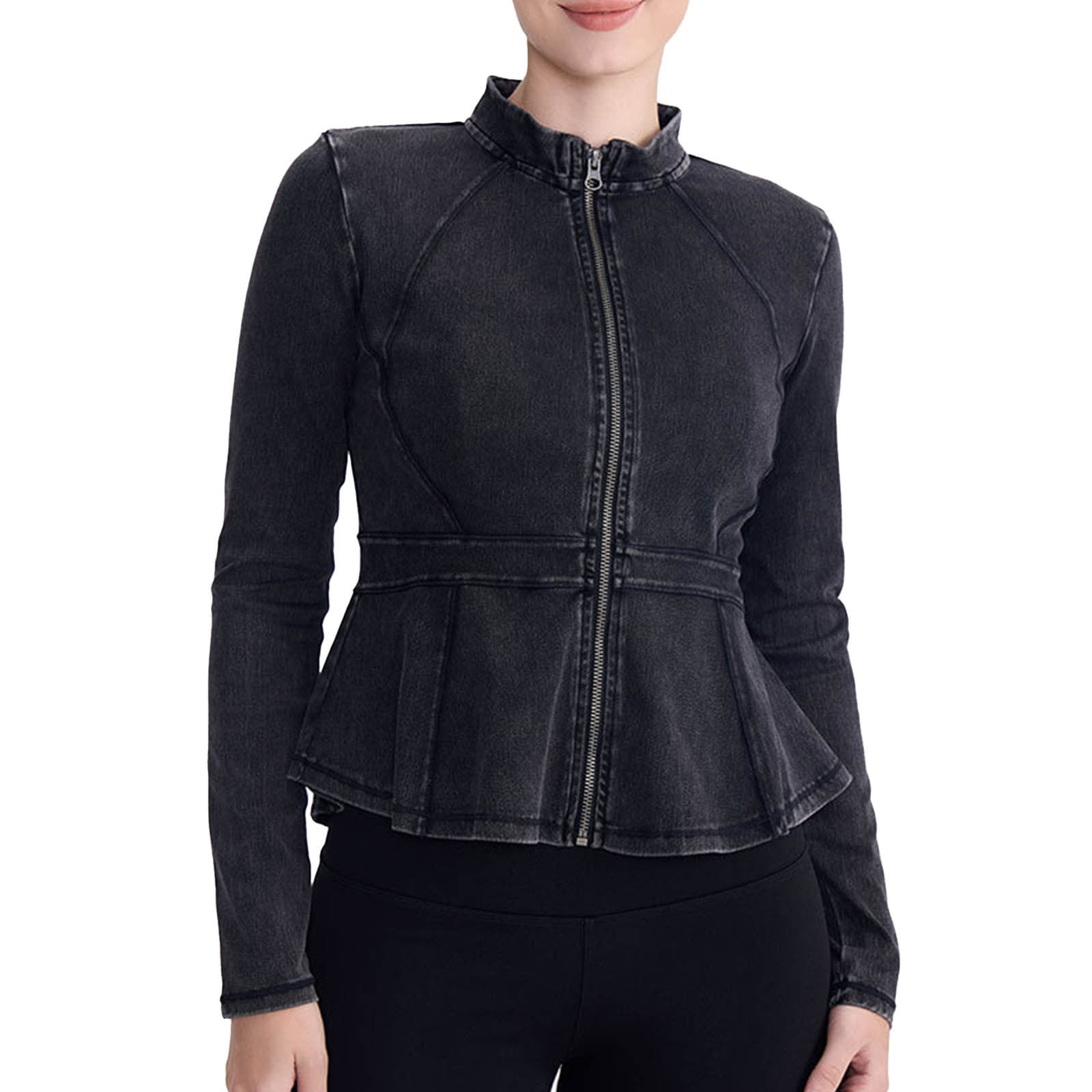 Denim Jacket for Women Zipper Denim Jacket Round Neck Long Sleeves ...