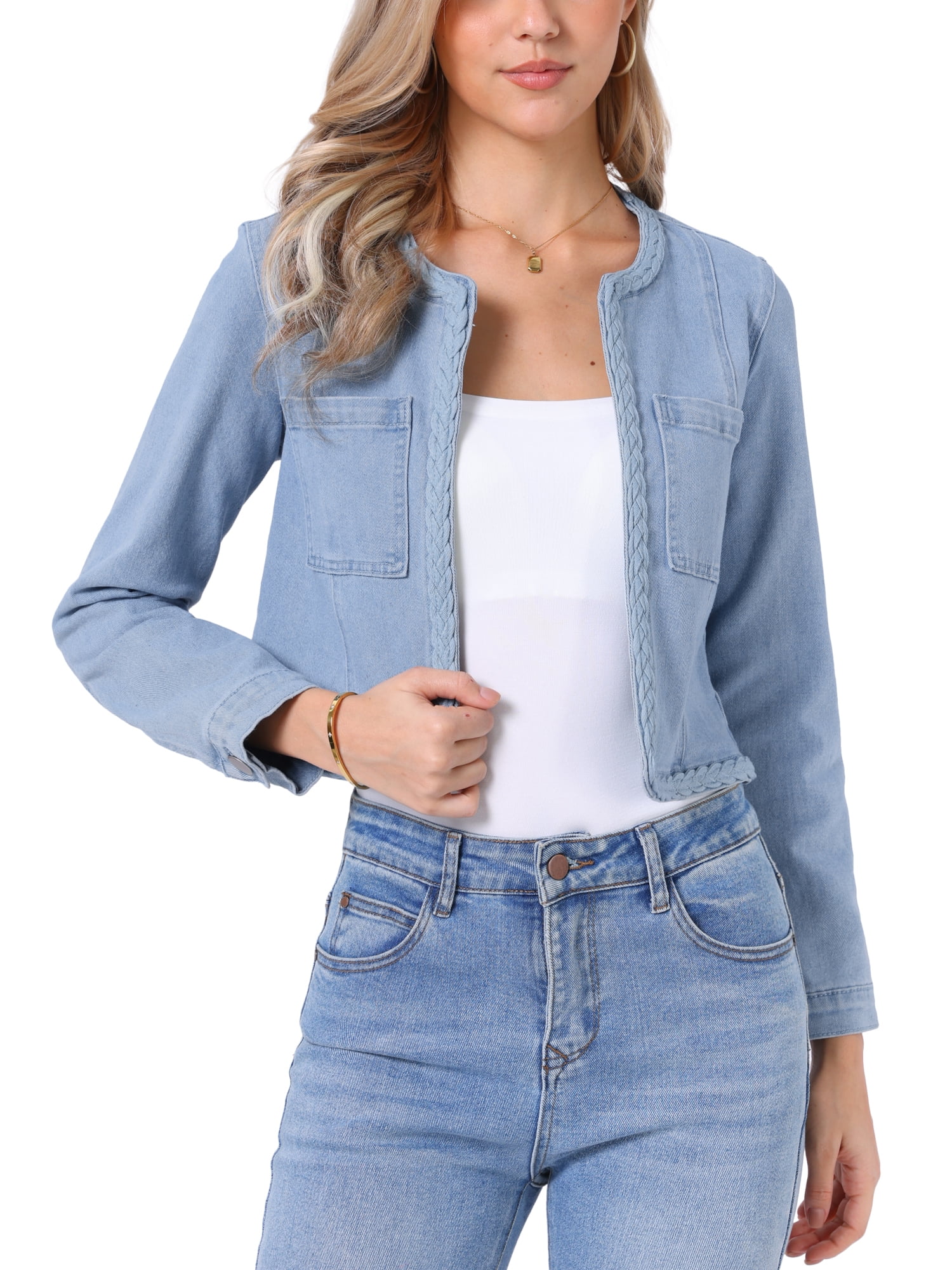 INSPIRE CHIC Denim Jacket for Women's Collarless Open Front Crop Jean ...