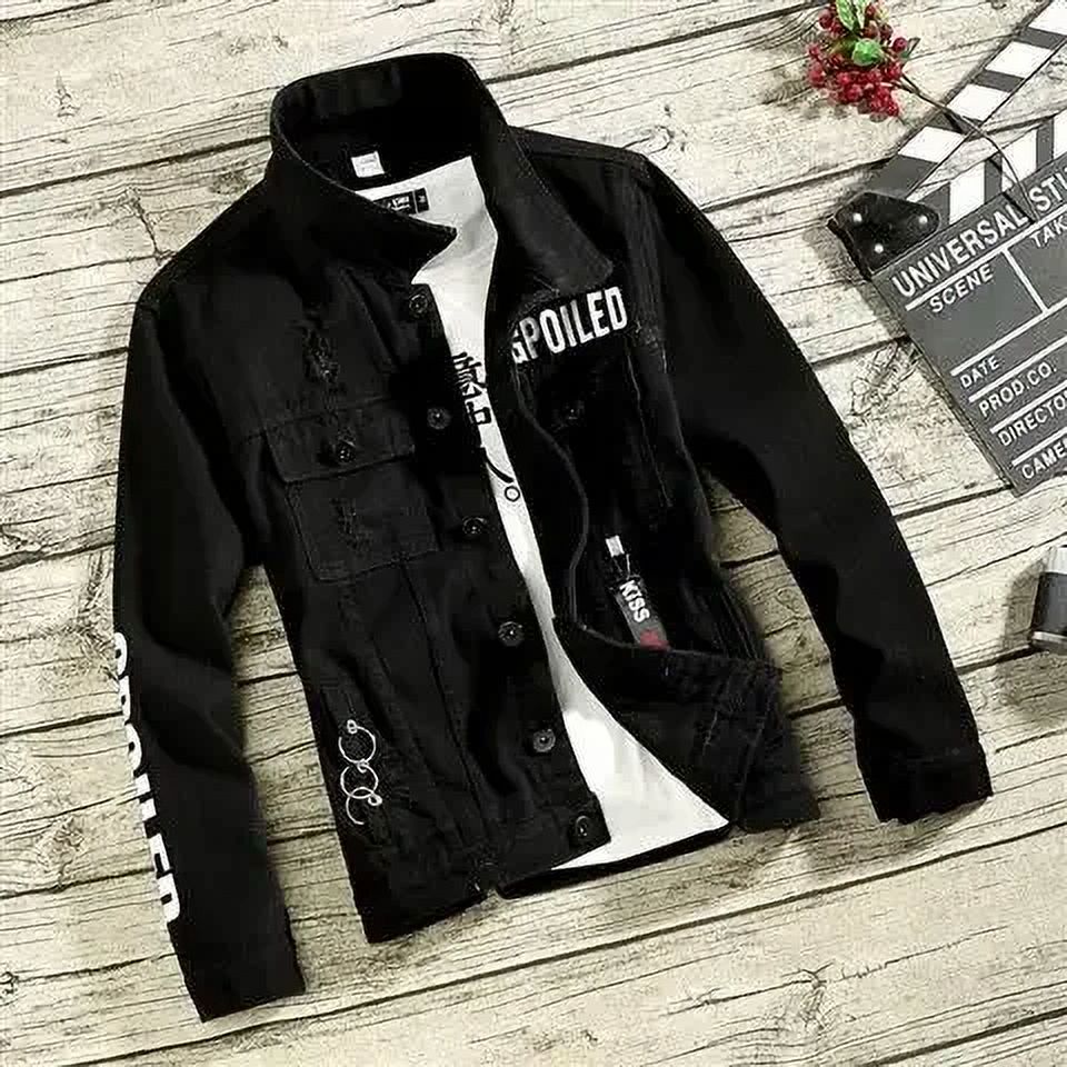 Denim Jackets Man Punk Ripped Jeans Coat for Men Slim Fit with Print ...