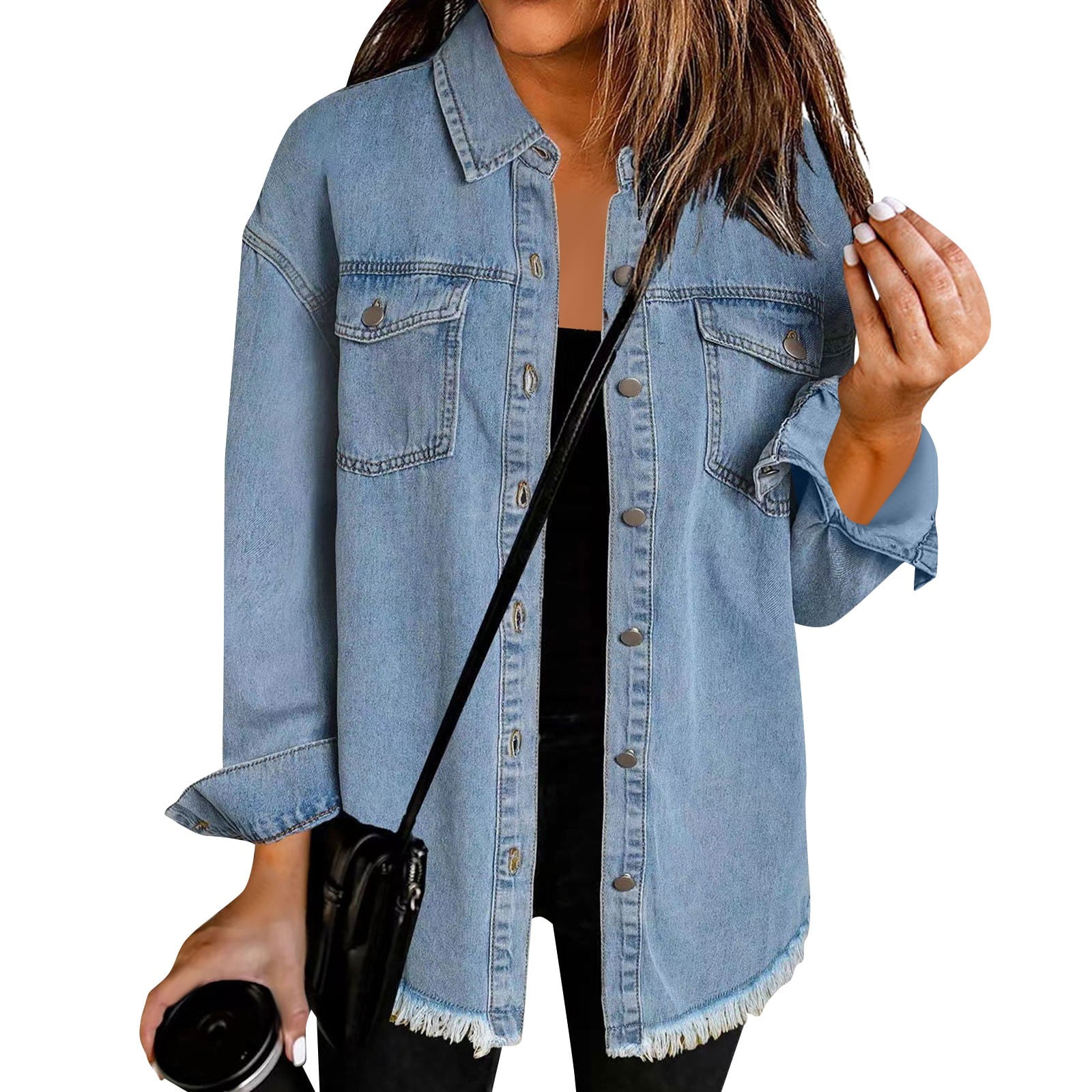 Denim Jackets for Women Frayed Hem Shacket Jacket Washed Distressed ...