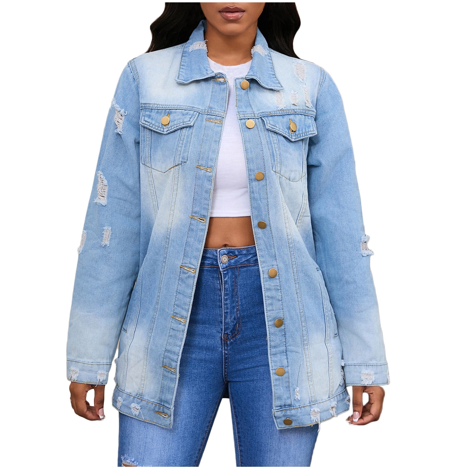 Denim Jackets for Women Trendy Plus Size Casual Collar Button Down Long ...