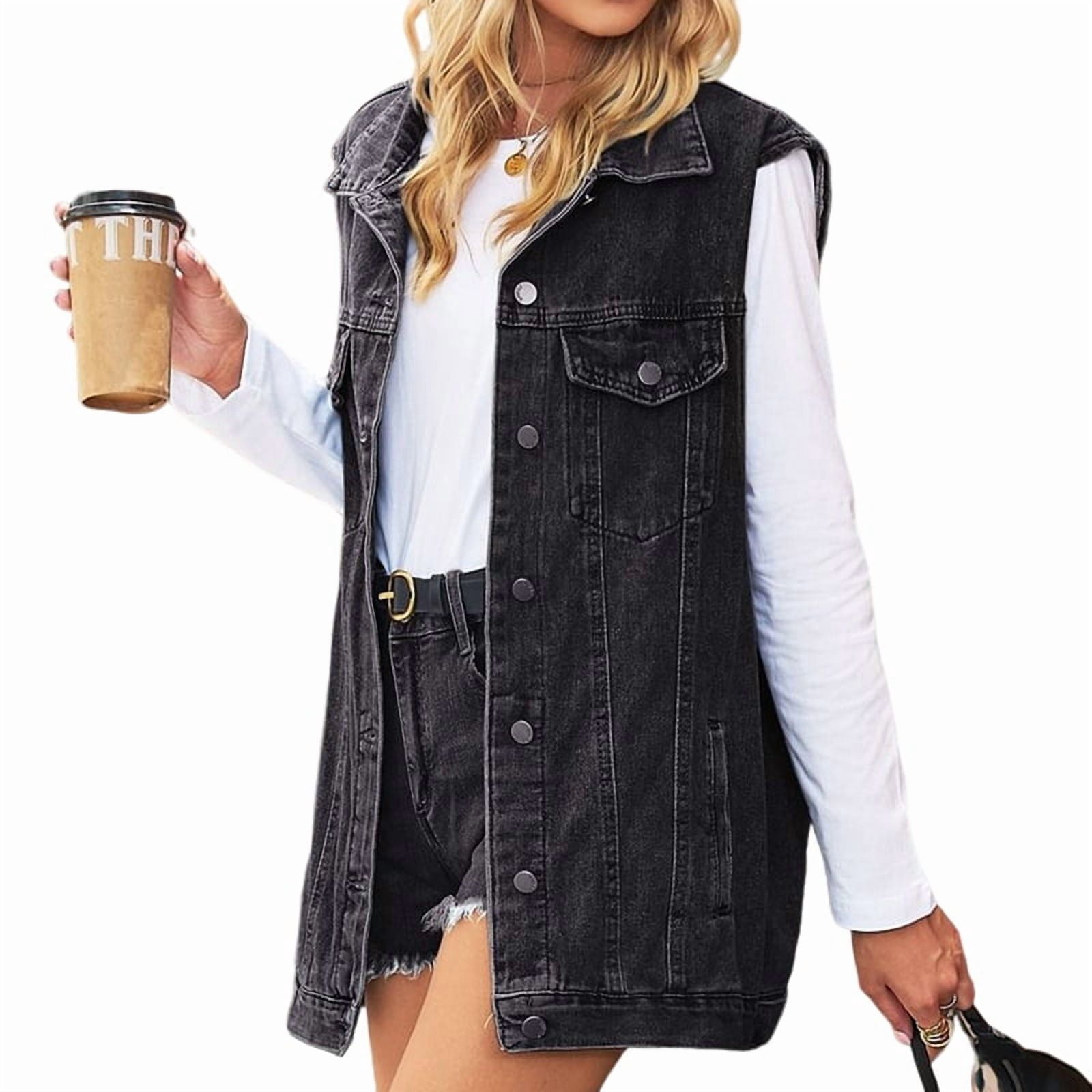 Denim Jean Vest for Women Oversized Sleeveless Button Down Denim Jean ...