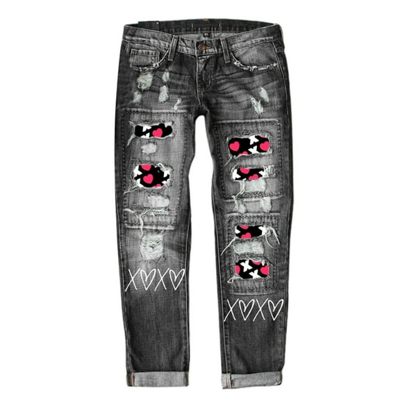 Denim Jeans for Women Valentines Heart Printed Ripped Straight Leg Mid ...