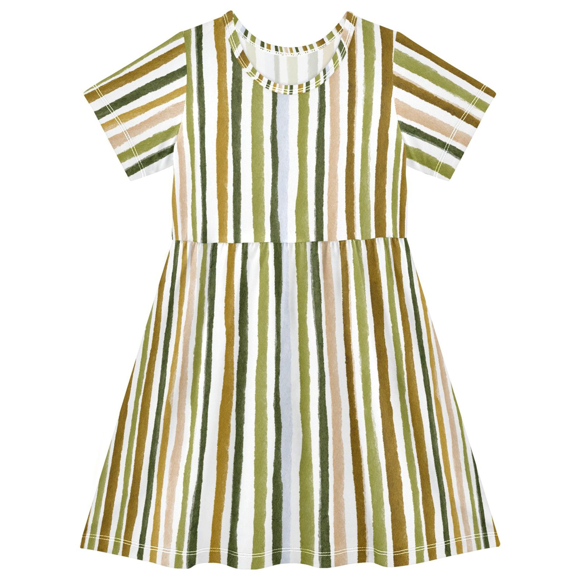 Denim Khaki Stripes Short Sleeve Dress A-Line Cute Midi Casual Sundress ...