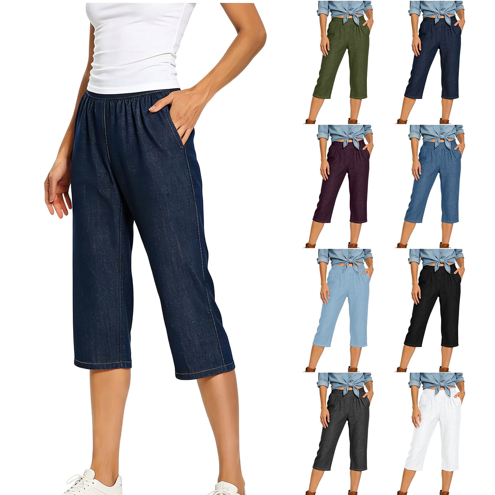 Denim Leggings for Women Stretch High Waist, 7/8 Capri Pants with Side ...
