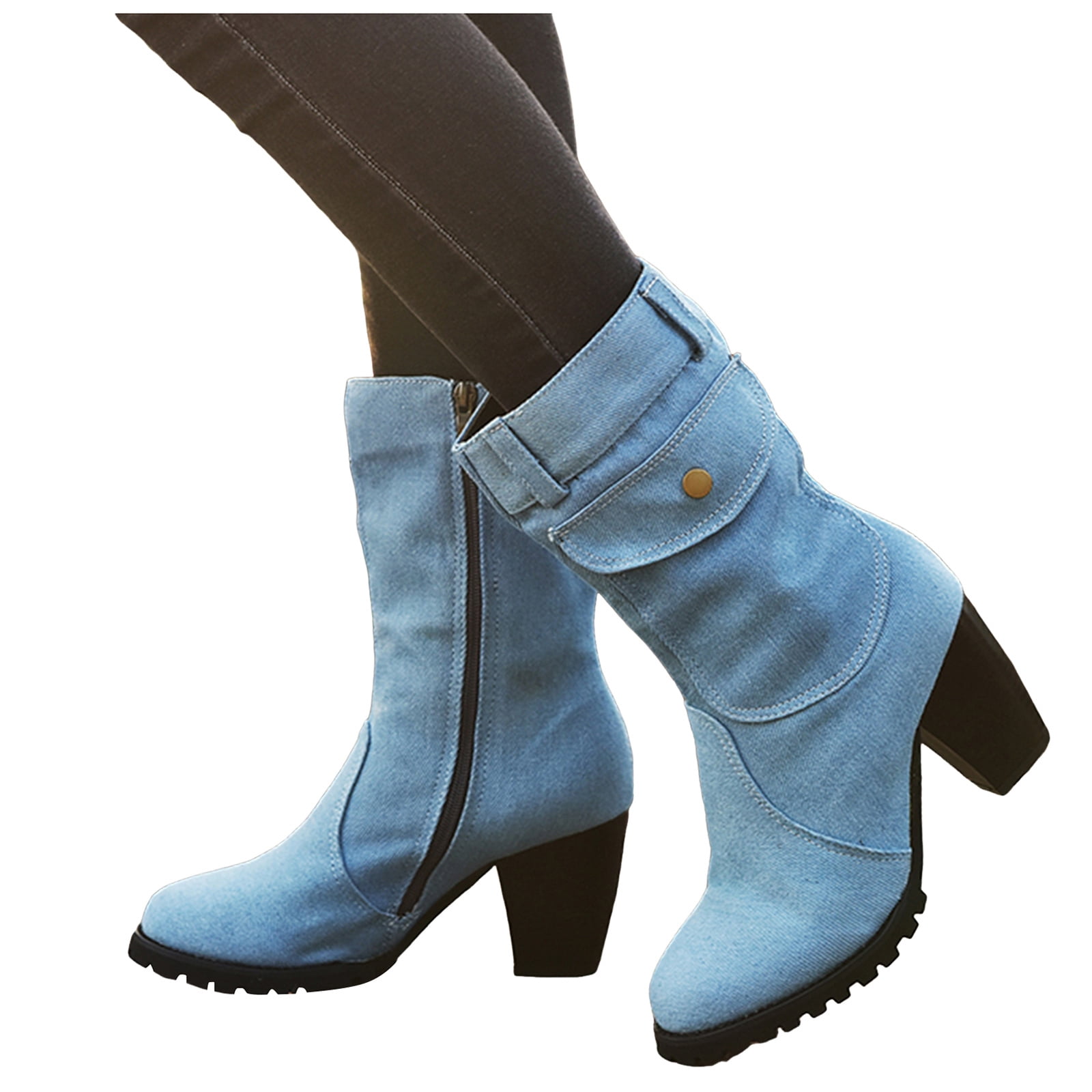 Denim Mid Calf Boots for Women 2025 Casual Canvas Chunky Block High ...