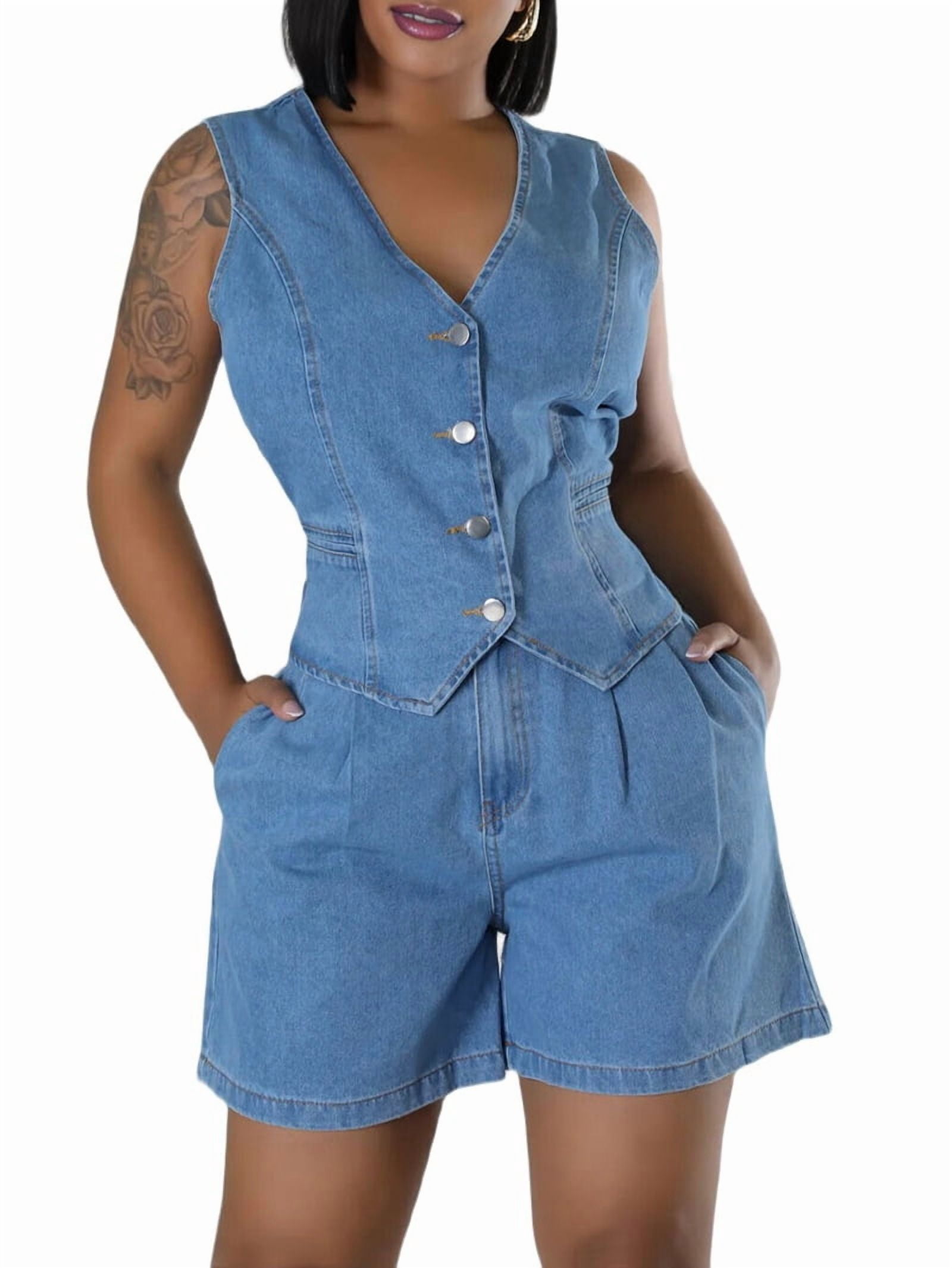 Denim Outfit for Women Buttons Denim Vest Top with High Waist Jean ...