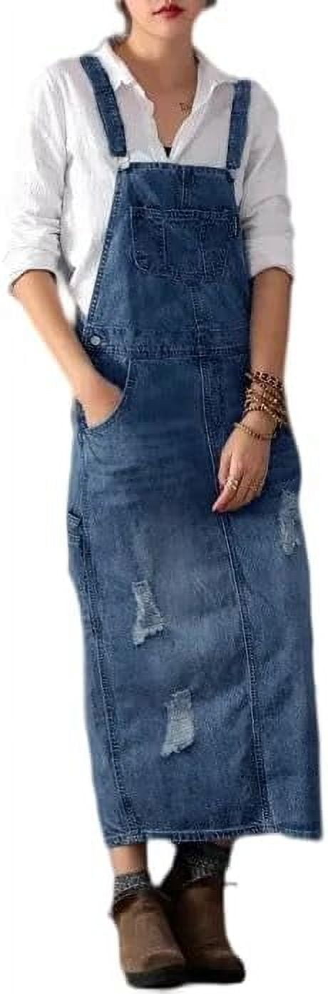 Denim Overall Dress for Women Adjustable Strap Midi Long Denim Dress ...
