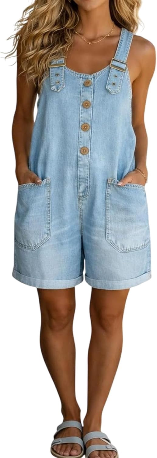 Denim Overall Shorts for Women, Button Front Loose Fit Bib Overall ...